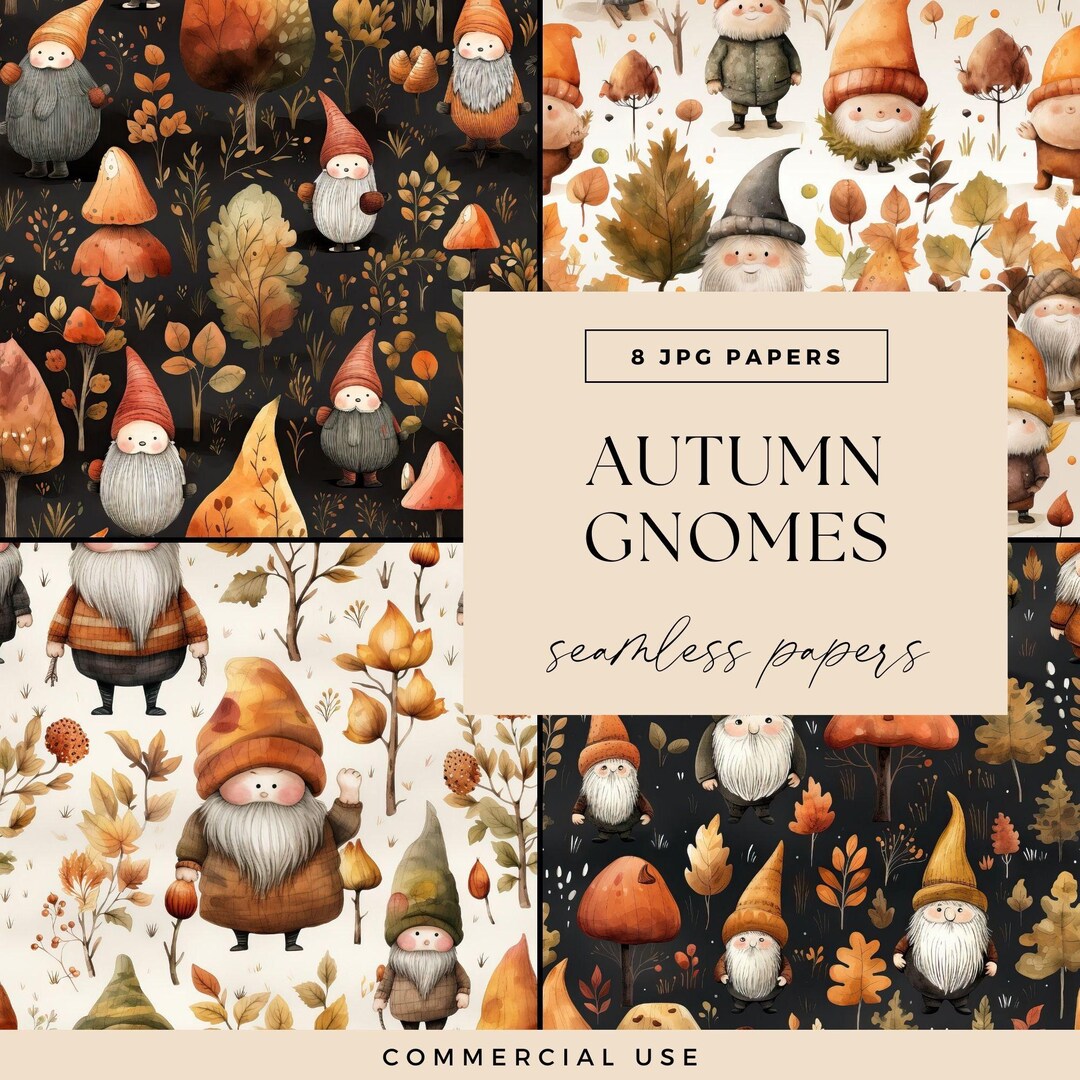 Autumn Gnome Digital Paper, Gnomes Fall Season Seamless Pattern ...