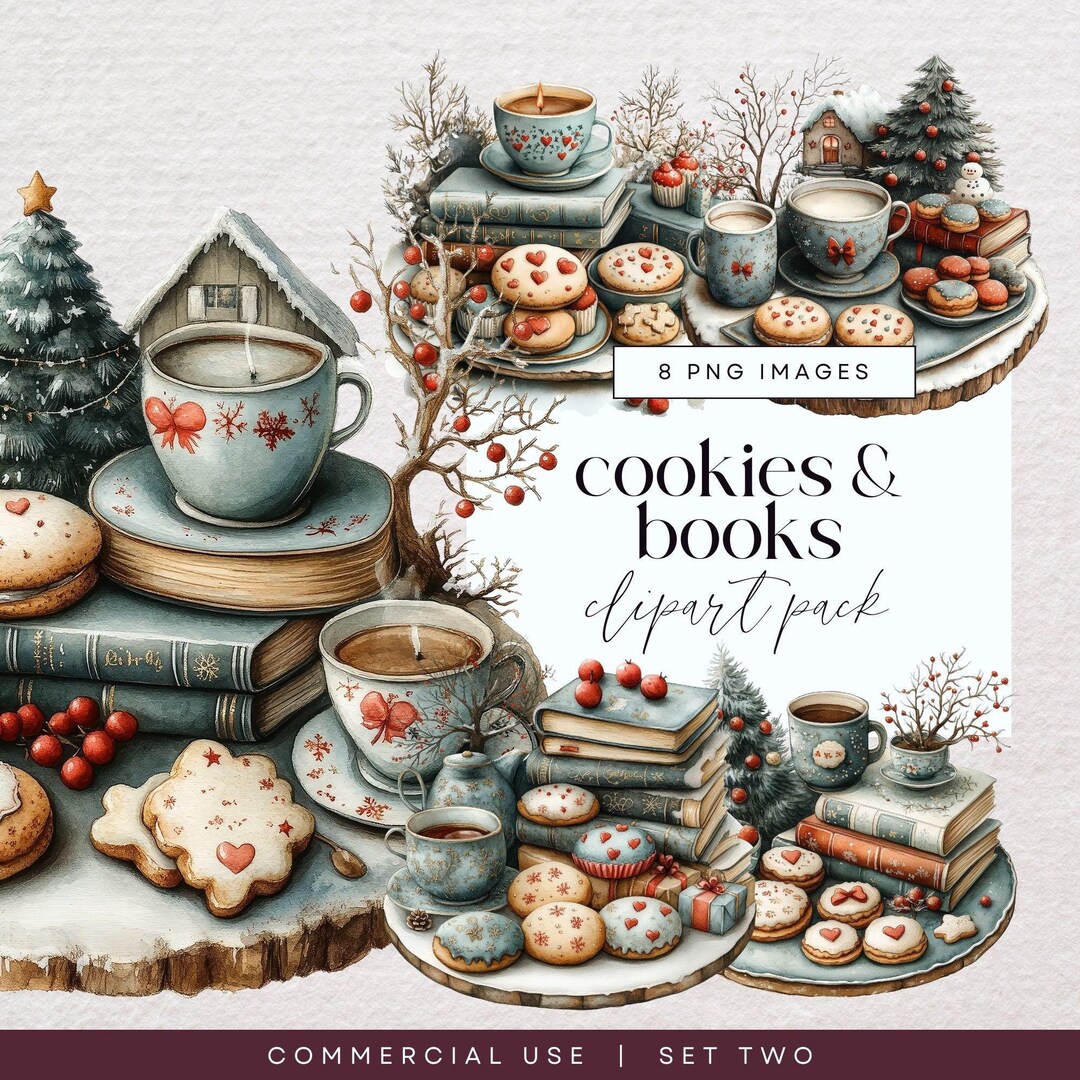 Christmas Cookie and Book Clipart, Holiday PNG Bundle, Festive Clip Art ...