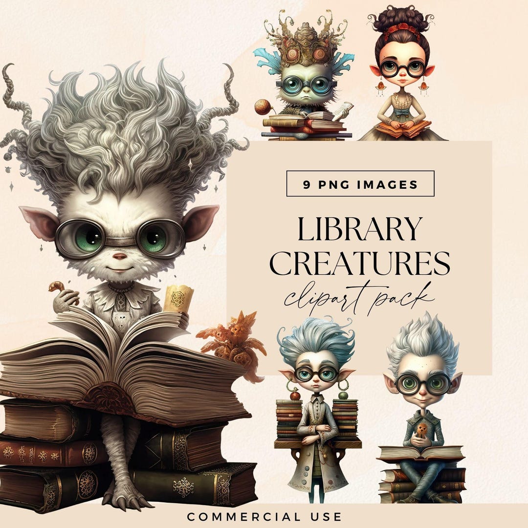 Quirky Magical Librarian Clipart, Library Book Pile Clip Art, Creature ...
