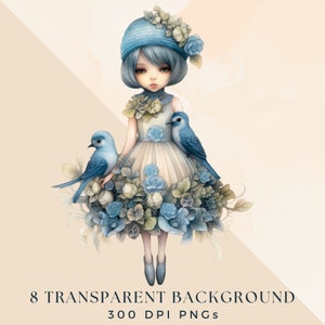 Blue Bird Botanical Girls Clip Art Clipart Pack, Watercolour ...