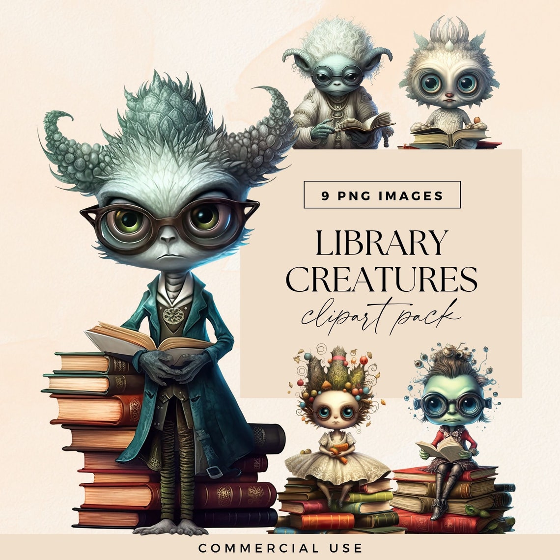 Quirky Creature Librarian Clipart, Library Book Pile Clip Art, Magical ...