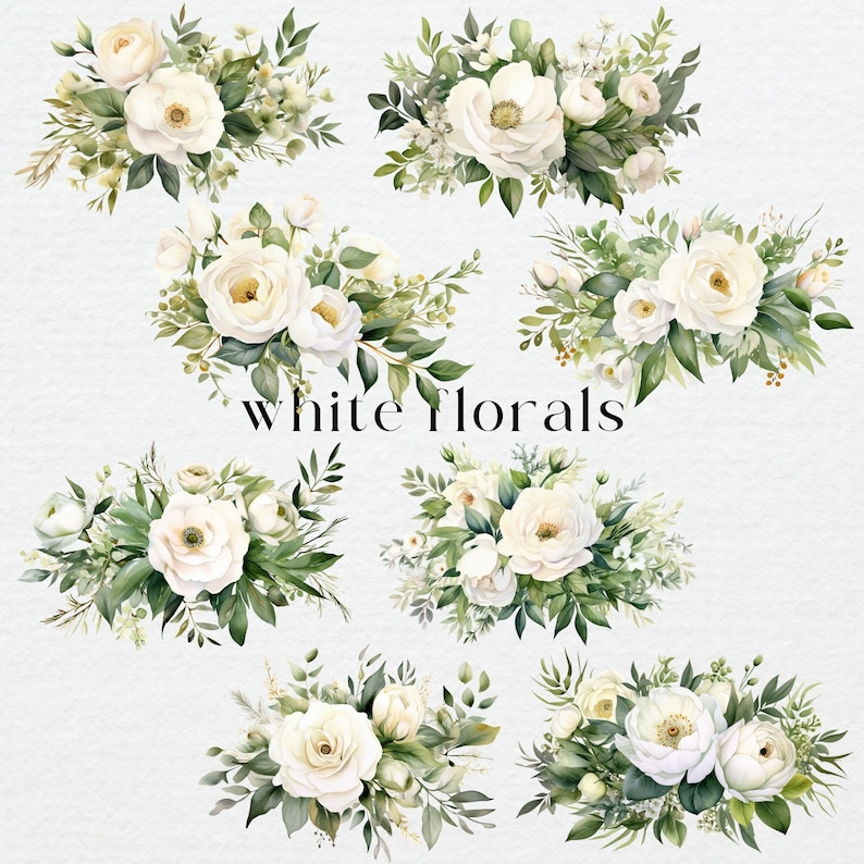 White Wedding Floral Bouquet Clipart, PNG, Invite Flower Illustrations ...