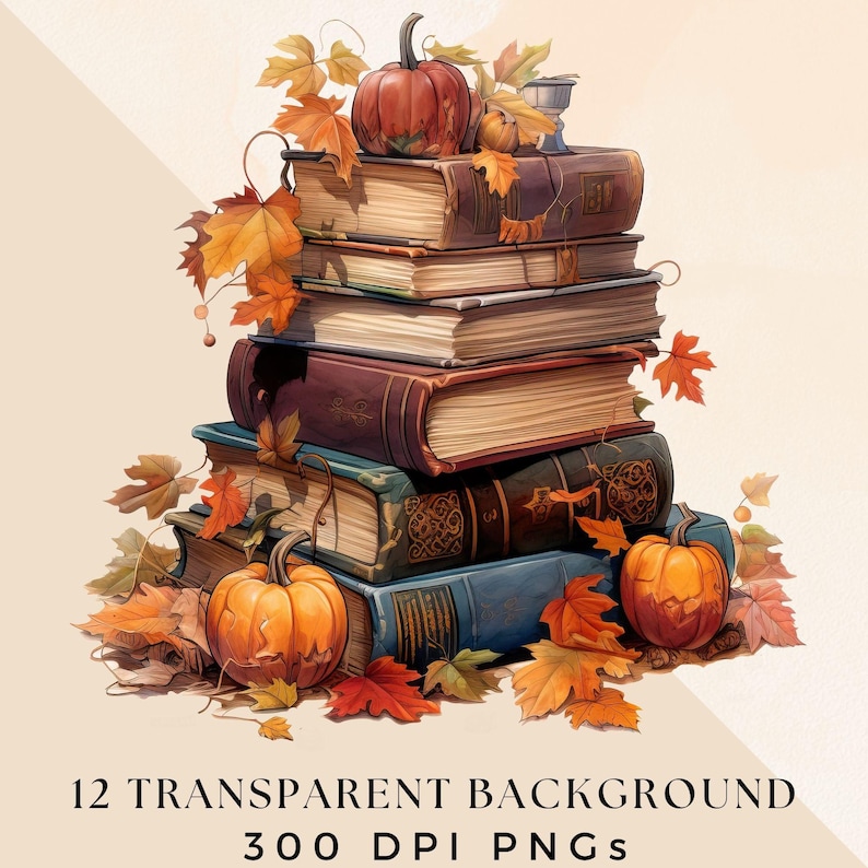 Autumn Books Clip Art Pack, Fall Leaves Library Clipart, Book Pile ...
