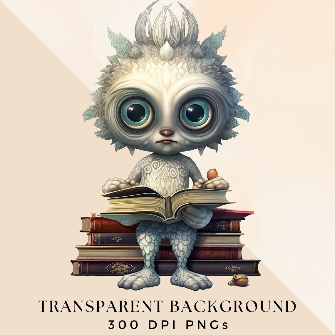 Quirky Creature Librarian Clipart, Library Book Pile Clip Art, Magical ...