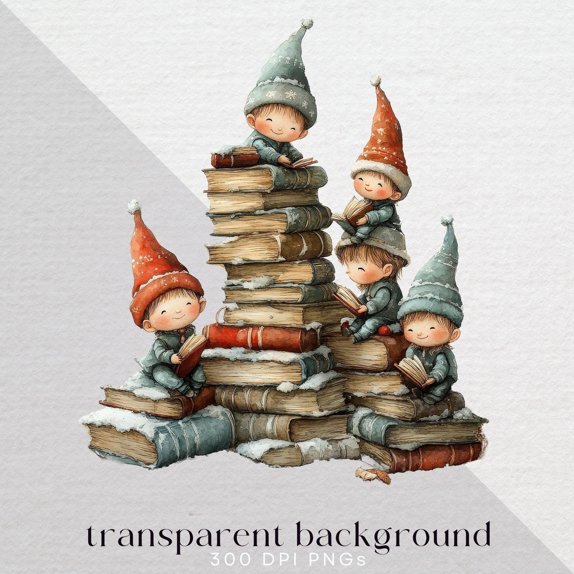 Christmas Elves on a Book Pile Clipart, Whimsical PNG Clip Art, Reading ...