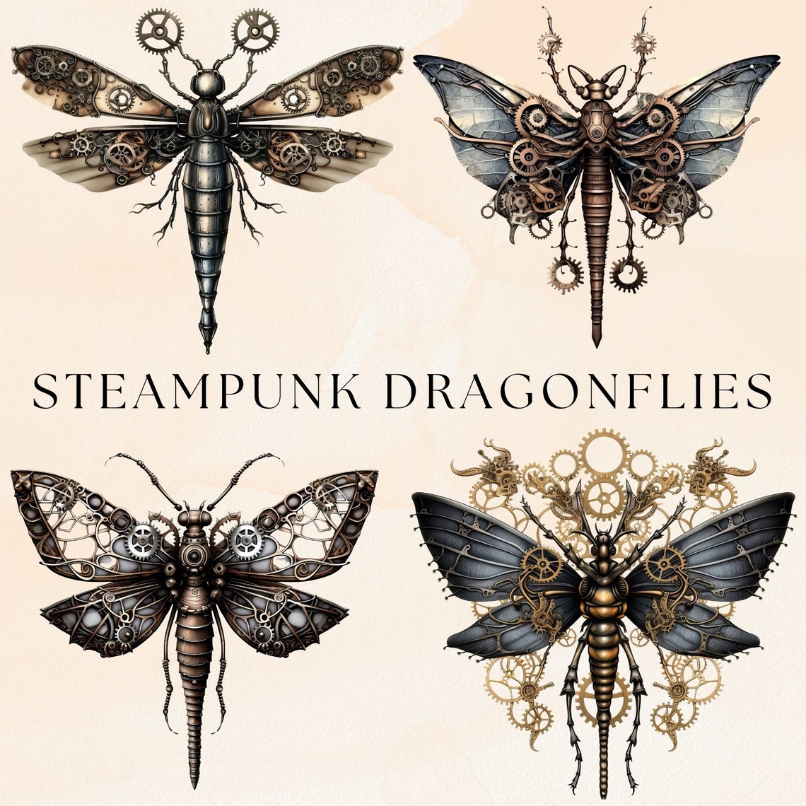 Steampunk Dragonflies Clipart Kit, Transparent PNG, Junk Journal ...