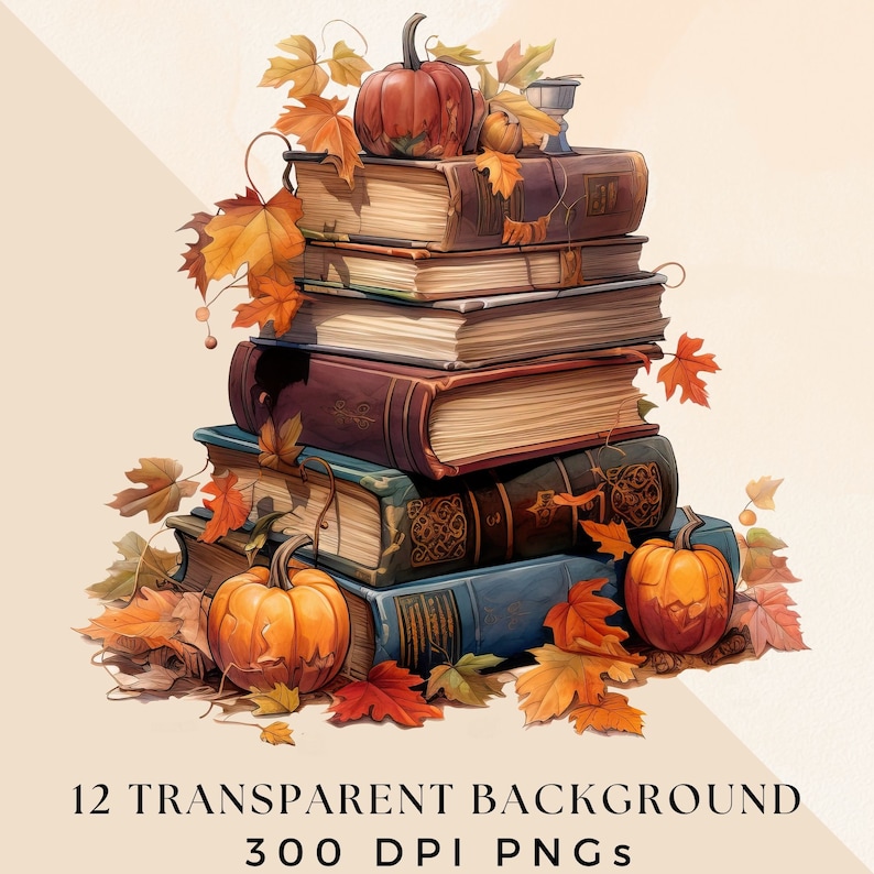 Autumn Books Clip Art Pack, Fall Leaves Library Clipart, Book Pile ...