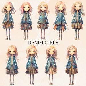 Fall Girl Clipart Pack, Transparent, Denim Autumn Girls Illustration ...