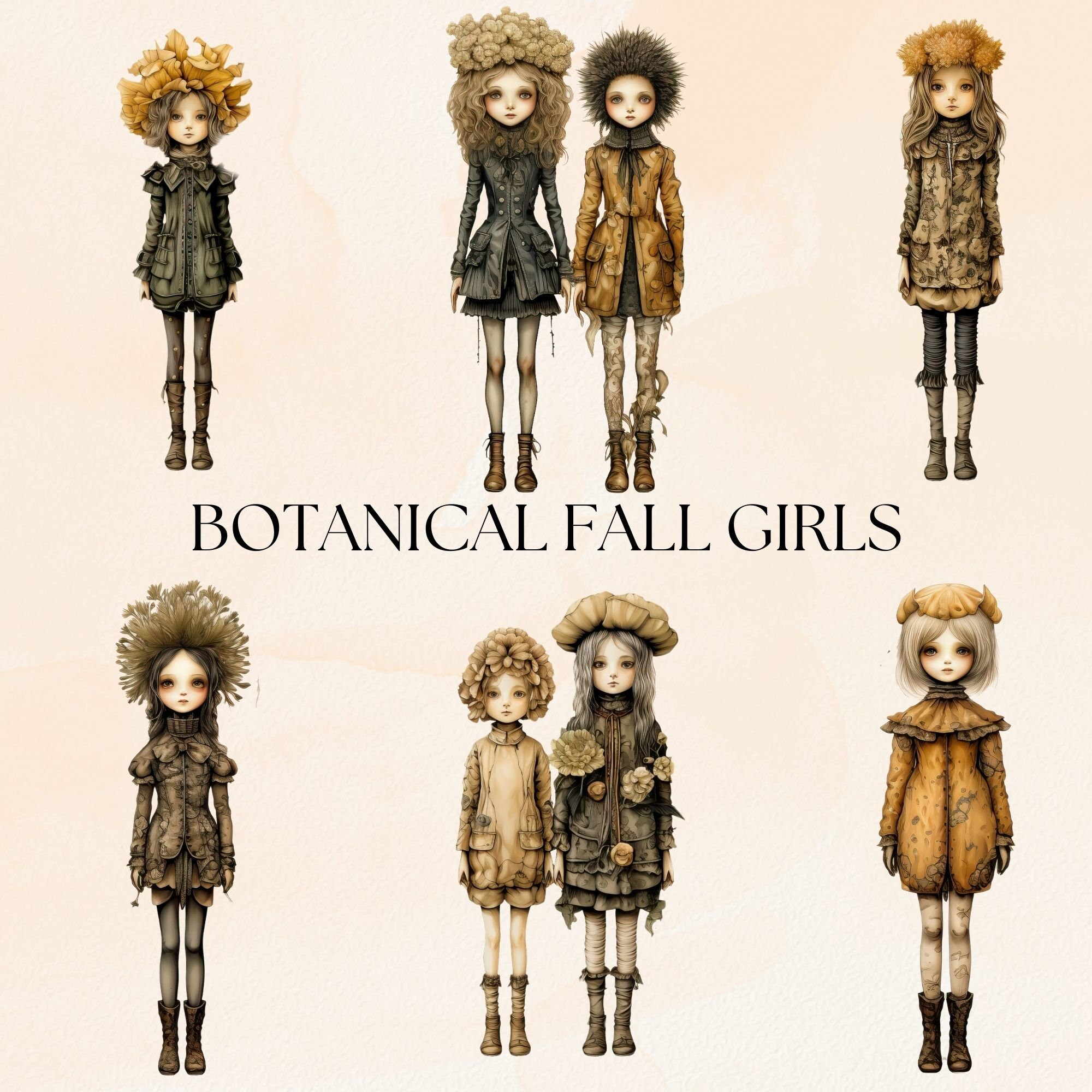 Botanical Fall Girls Clip Art Clipart Pack, Autumn CU Characters ...