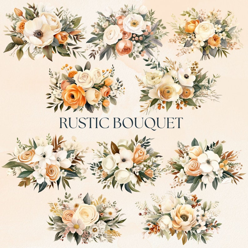 Floral Clipart Rustic Wedding, Boho Bouquet Clip Art Set, Transparent ...