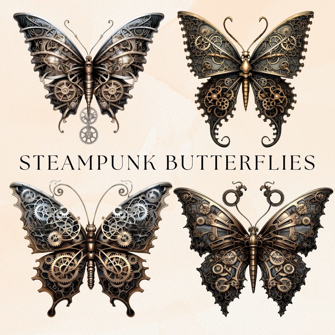Steampunk Butterflies Clipart Kit Transparent PNG Junk - Etsy
