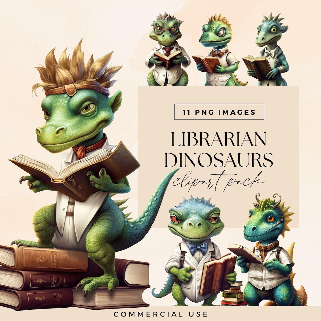 Quirky Dinosaur Librarian Clipart, Library Book Pile Clip Art, Magical ...