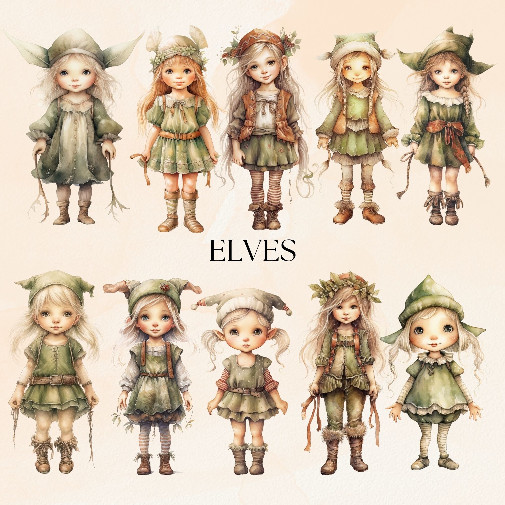 Elves Watercolour Clipart, Elf Girls Clip Art Pack, Vintage PNG, Cute ...