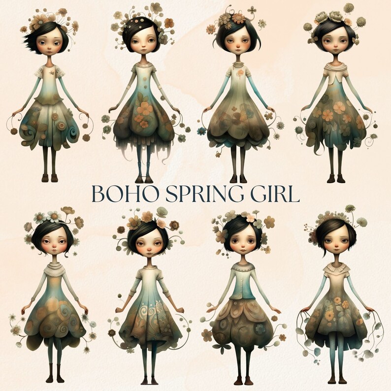 Boho Spring Girl Clipart Pack PNG Cute Floral Springtime - Etsy
