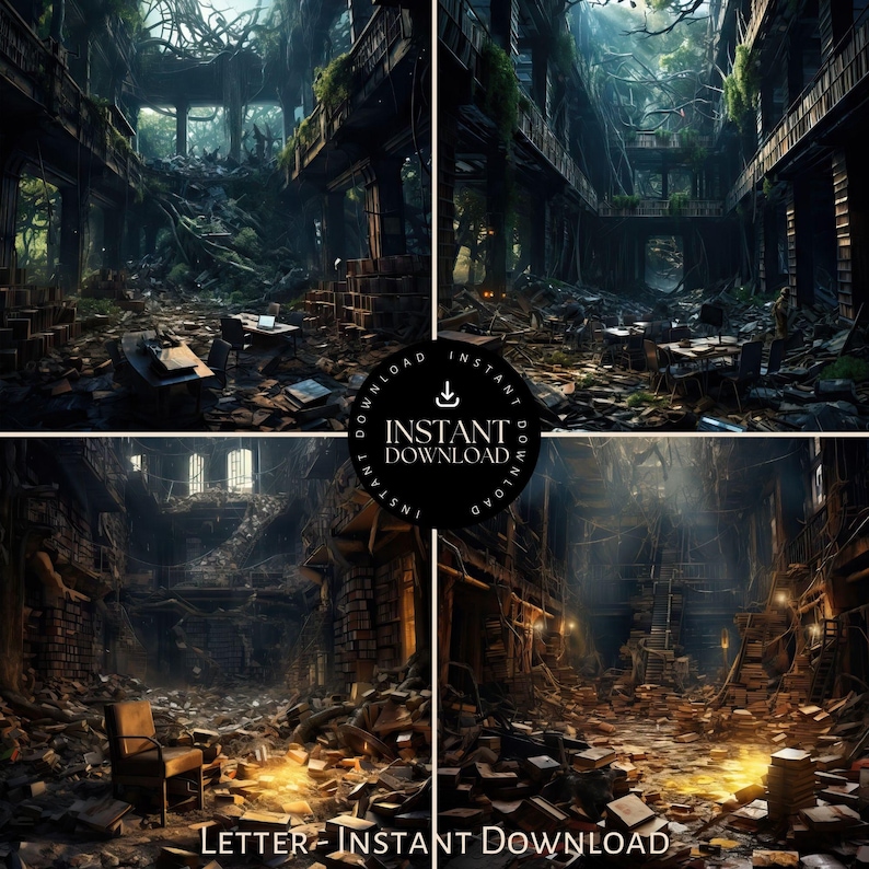 Post Apocalyptic Library Digital Papers, INSTANT DOWNLOAD, Book Lover ...