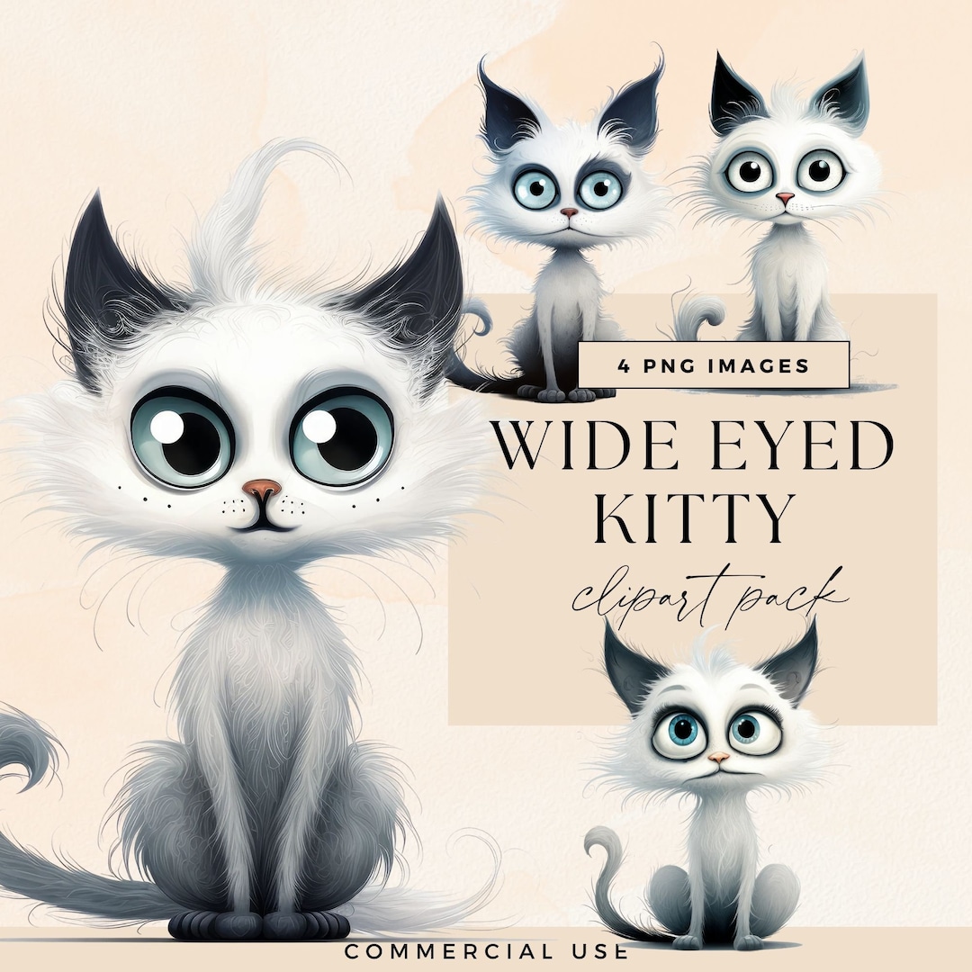 Funny Cat Clip Art, Cute Kitten Watercolor Clipart, Whismical White Cat ...