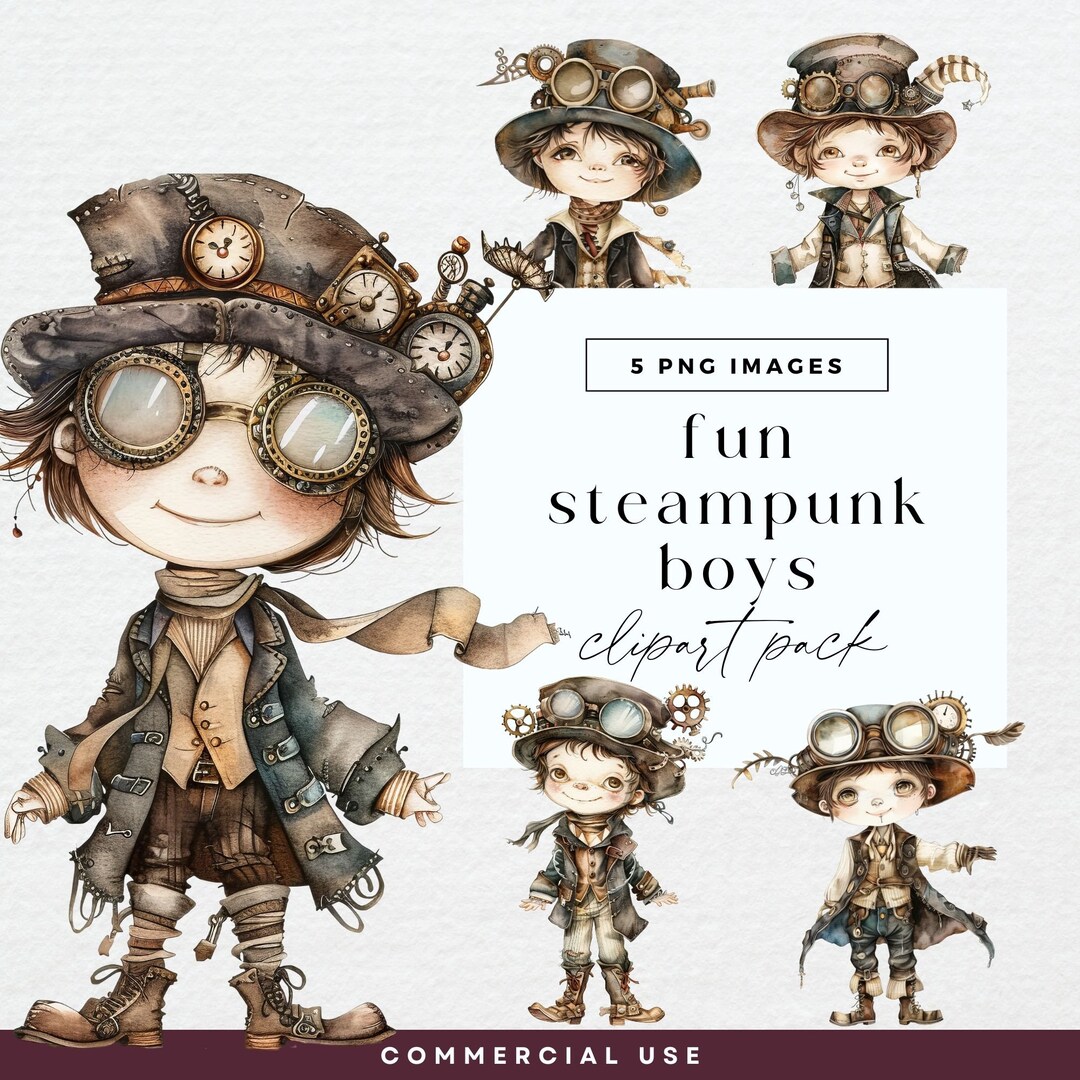Steampunk Boys Clipart Pack, Vintage Doll Watercolor PNG Clip Art, Fun Character Junk Journal ...