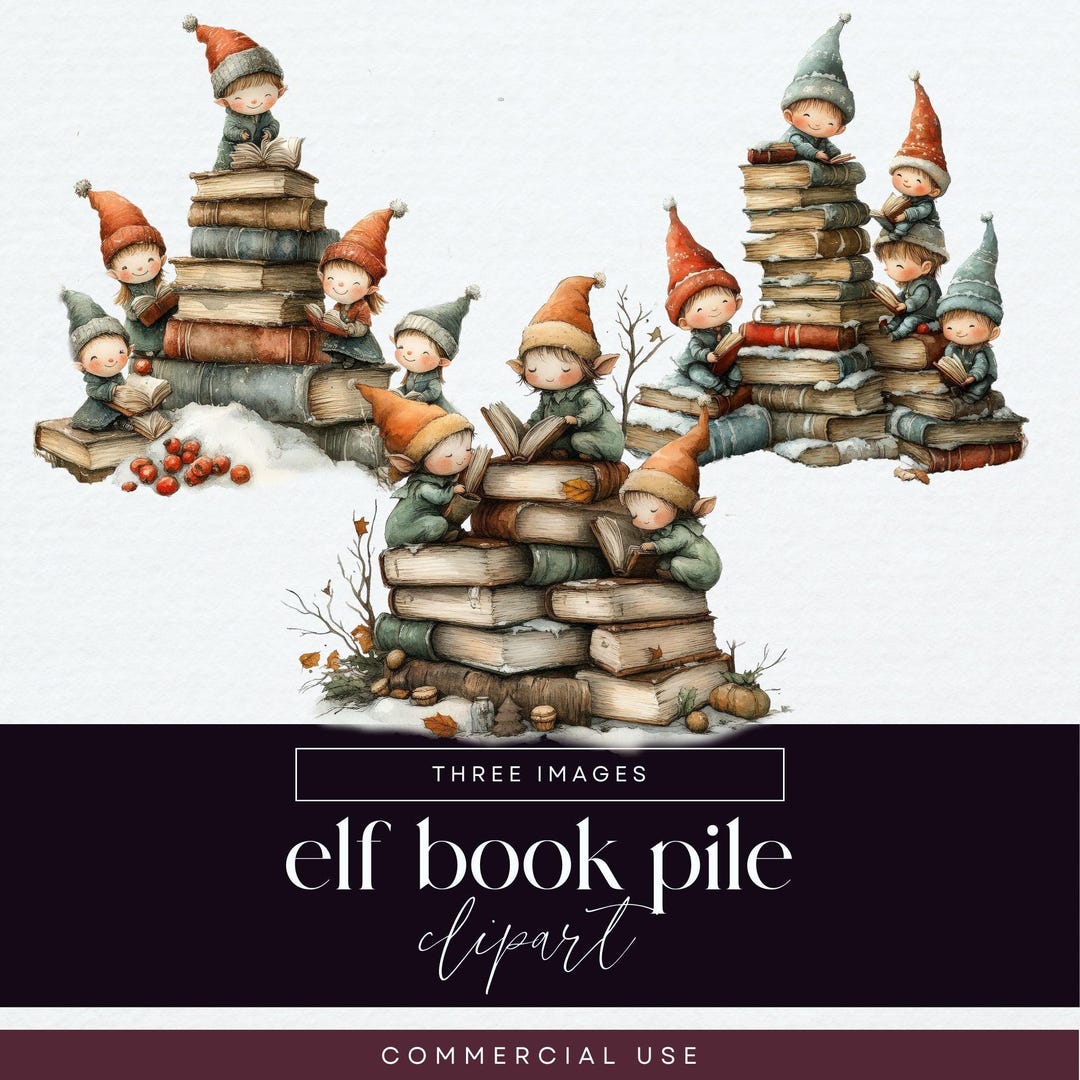 Christmas Elves on a Book Pile Clipart, Whimsical PNG Clip Art, Reading ...