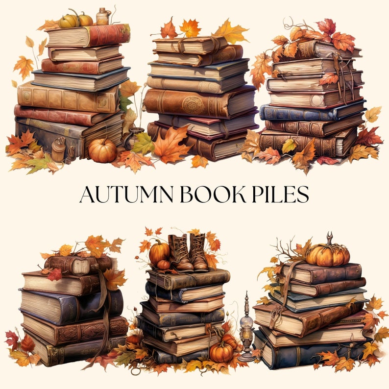 Autumn Books Clip Art Pack, Fall Leaves Library Clipart, Book Pile ...