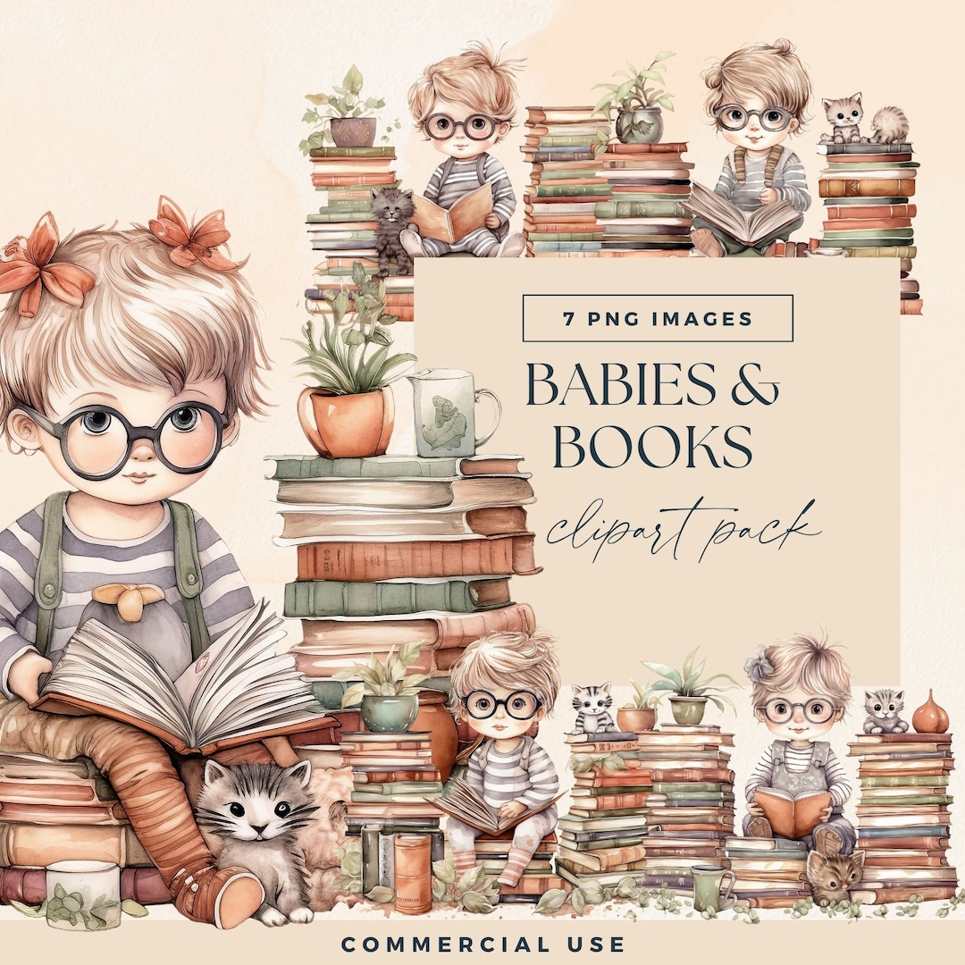 Books and Baby Clipart Pack, Child Reading Clip Art, Bookworm Graphics ...