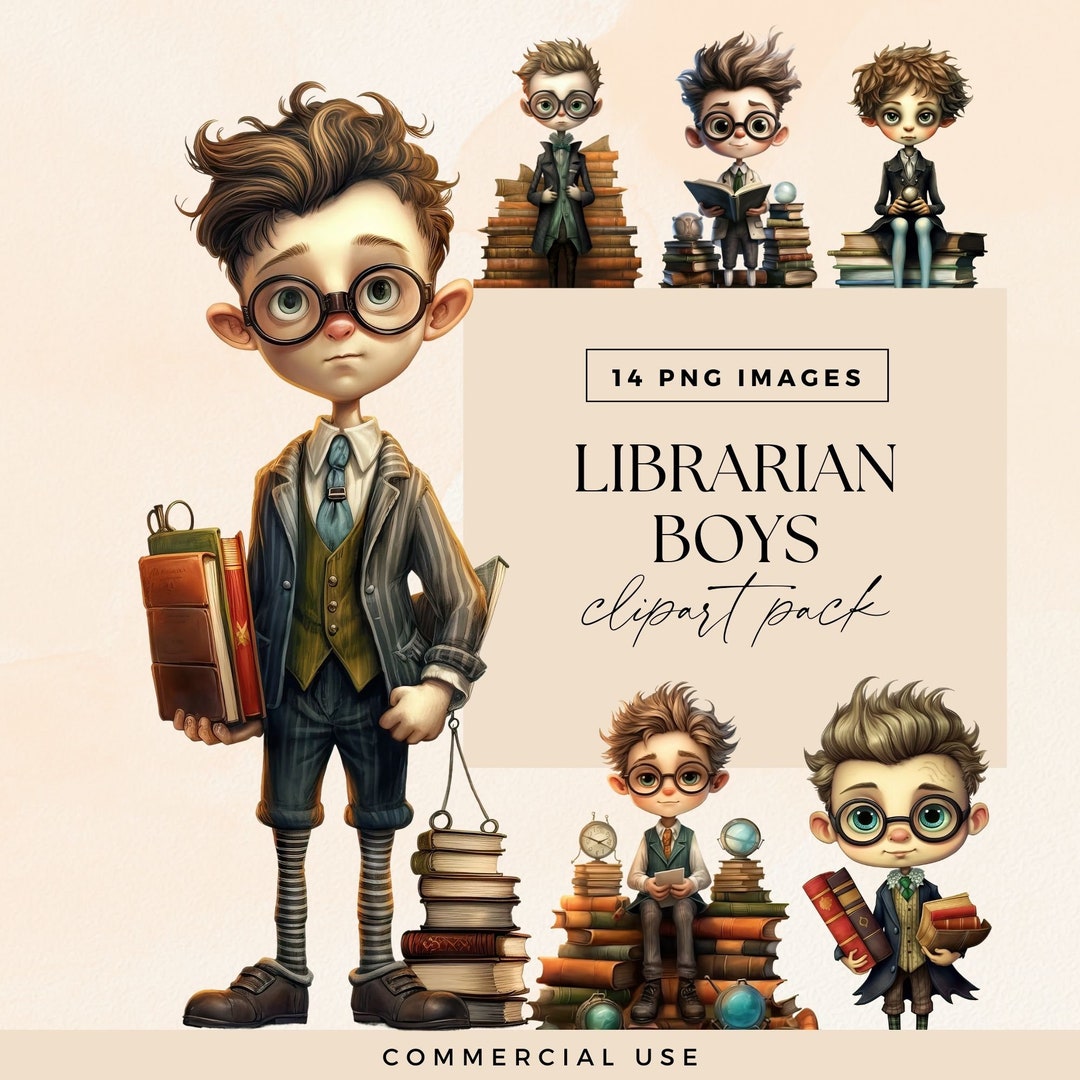 Quirky Librarian Boys Clipart, Library Book Pile Clip Art, Bookish Junk ...