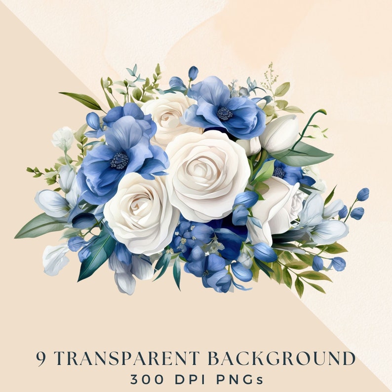 Floral Clipart Modern Wedding Bouquet, Blue and White Roses Flower Clip ...