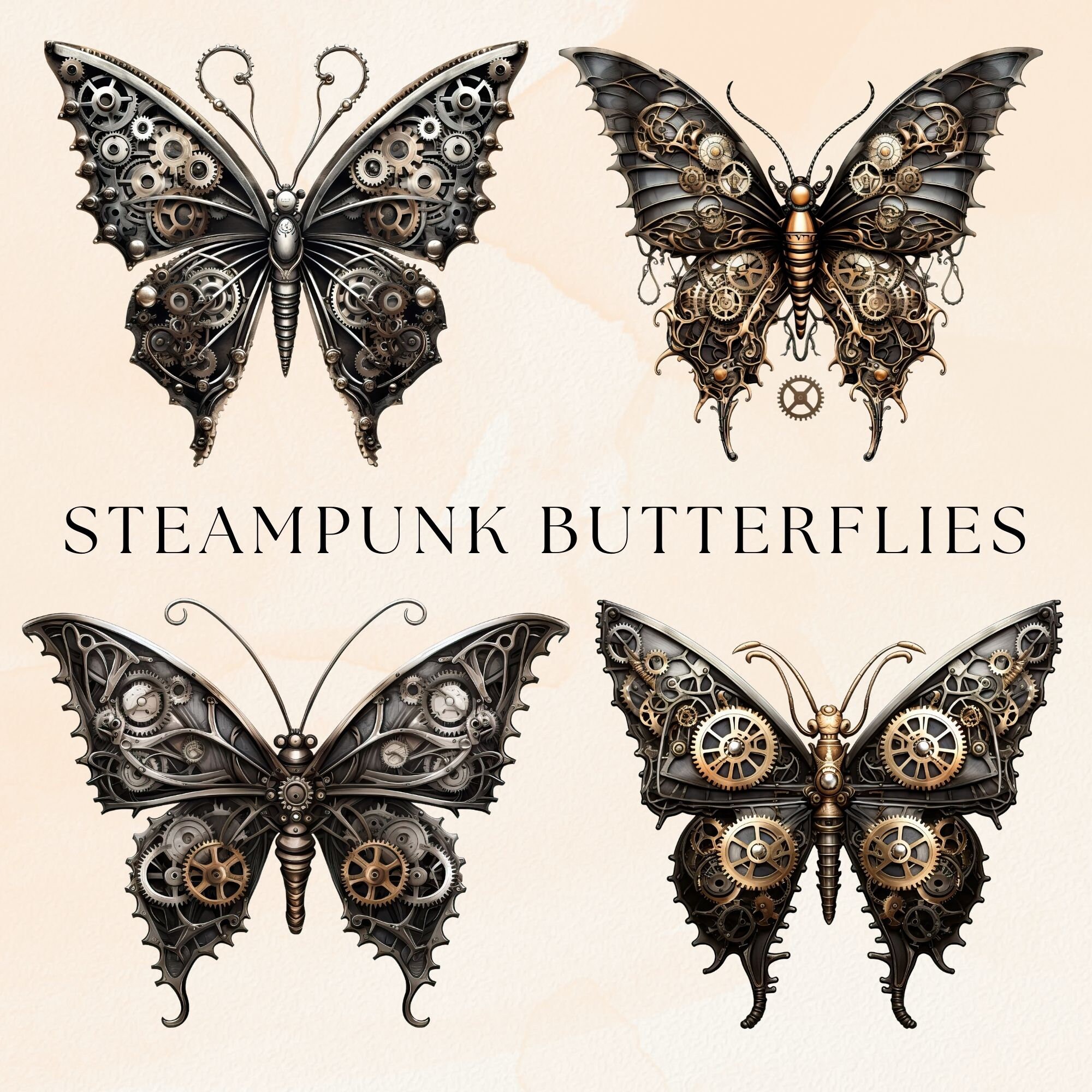 Steampunk Butterflies Clipart Kit Transparent PNG Junk - Etsy