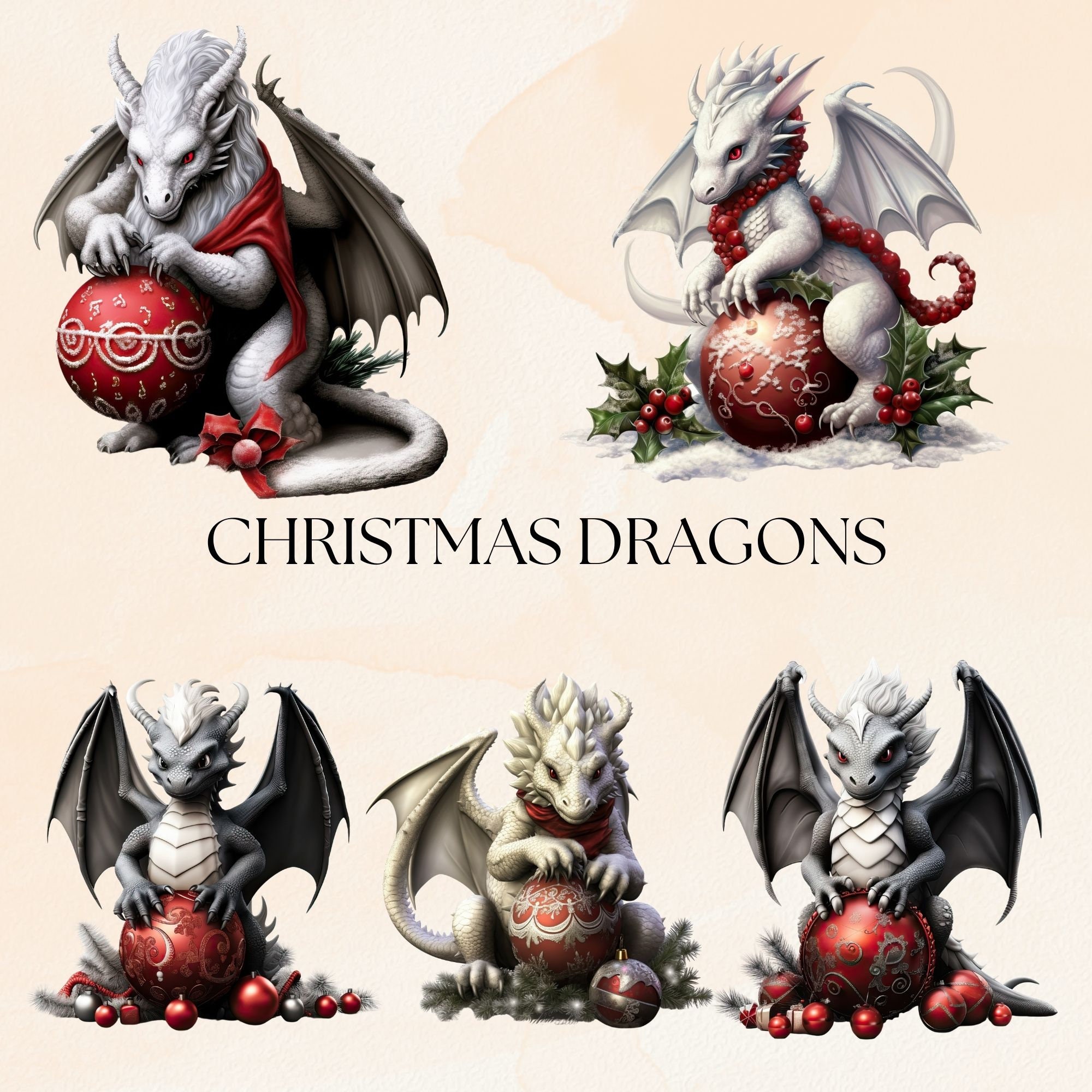 Dragon Christmas Clipart Bundle, Xmas Fantasy Clip Art, Transparent PNG, Cute Holiday Dragons ...