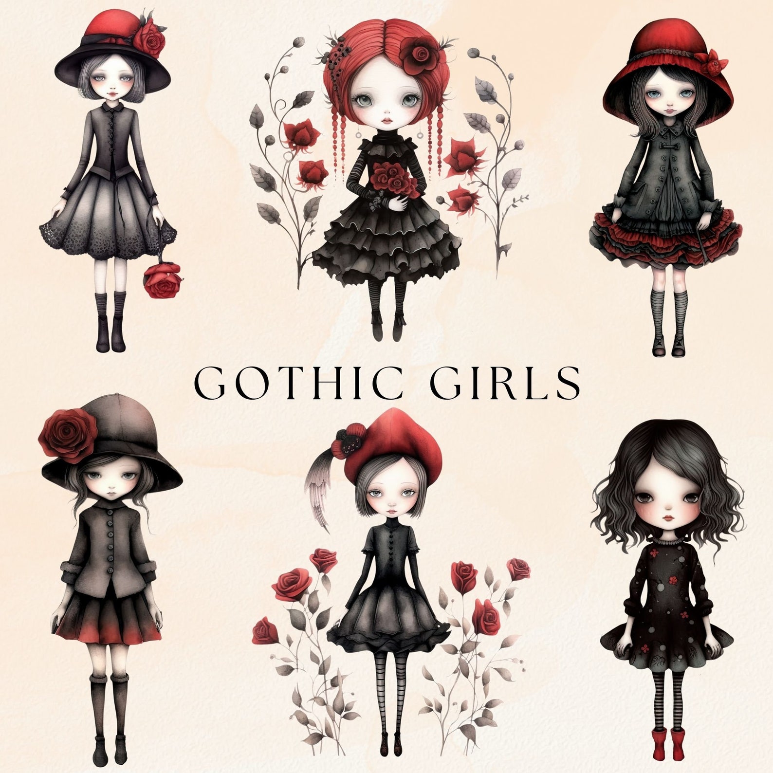 Gothic Botanical Girls Clipart Pack, Dark Red Goth Girls, Transparent ...