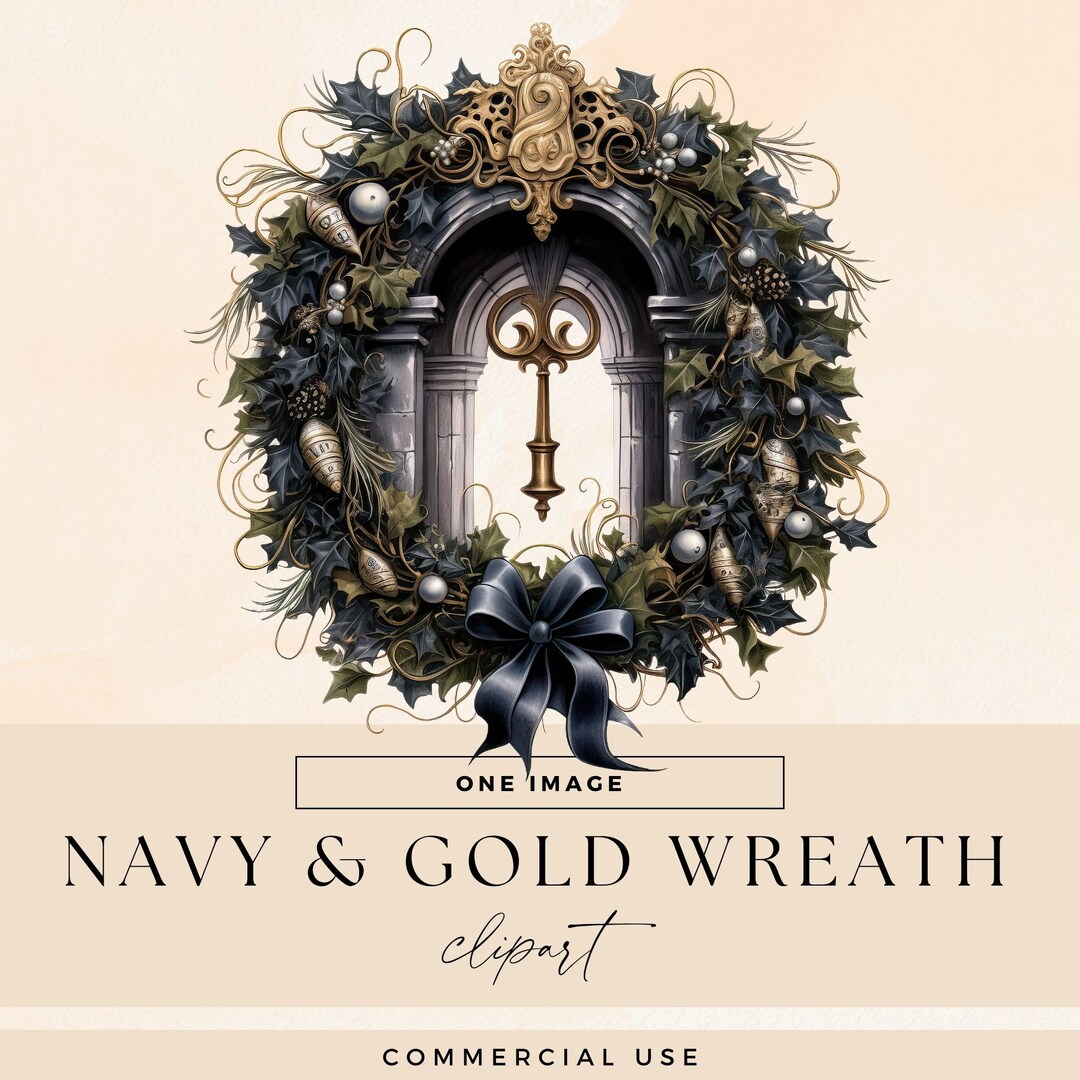Navy Gold Floral Wreath Clipart, Botanical Clip Art, Transparent PNG ...
