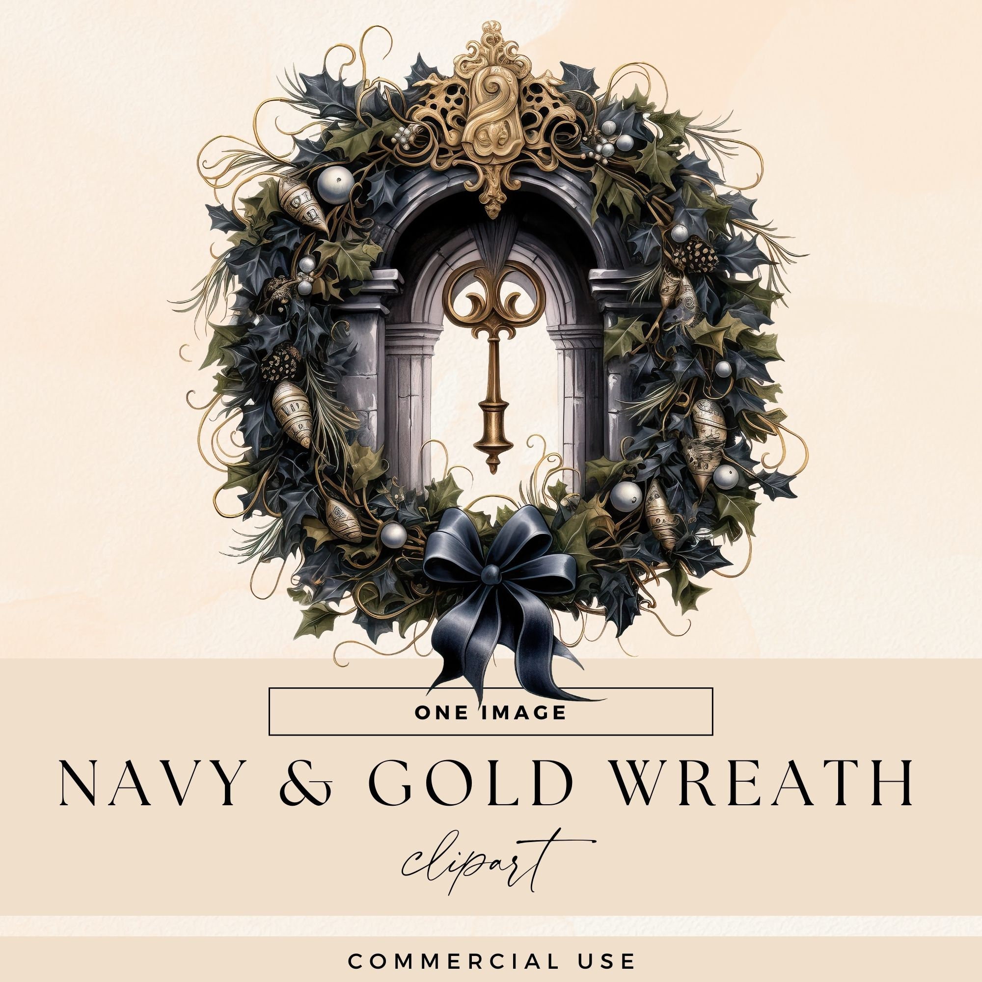 Navy Gold Floral Wreath Clipart Botanical Clip Art - Etsy