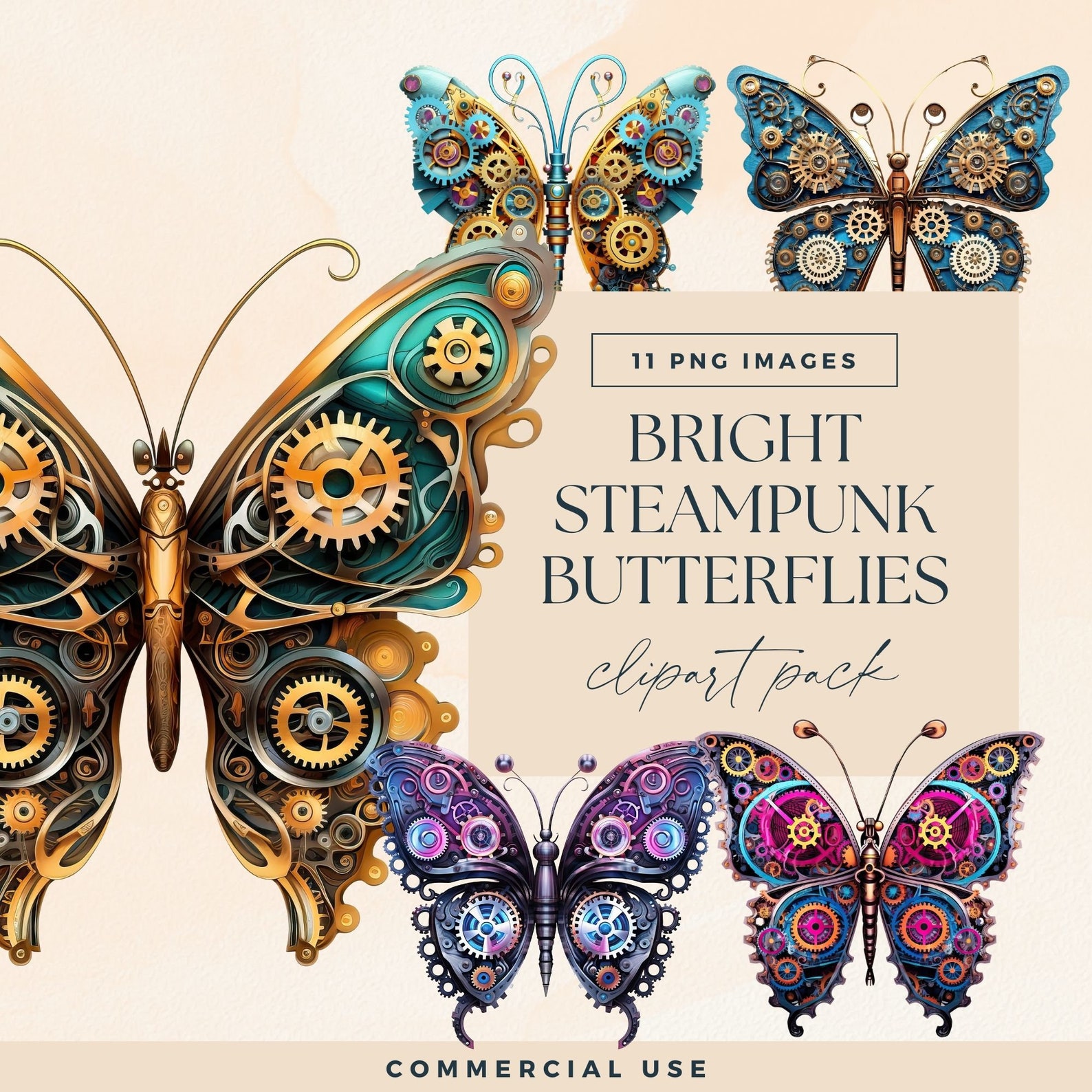Steampunk Butterflies Clipart Kit, Bright Butterfly Transparent PNG ...