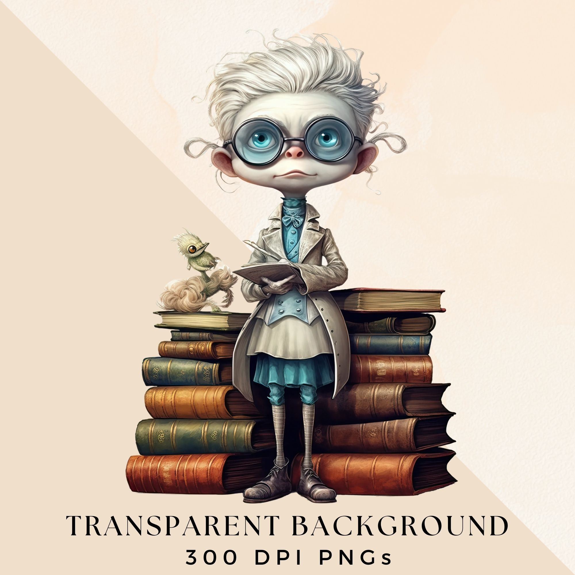 Quirky Magical Librarian Clipart, Library Book Pile Clip Art, Creature ...