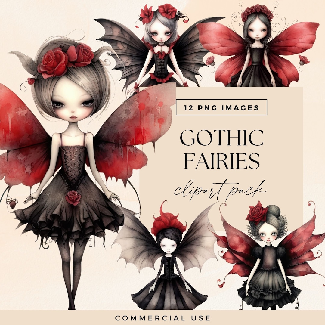 Clipart fée gothique, pack de cliparts Fées sombres, PNG Transparent, aquarelles de fées rouges ...