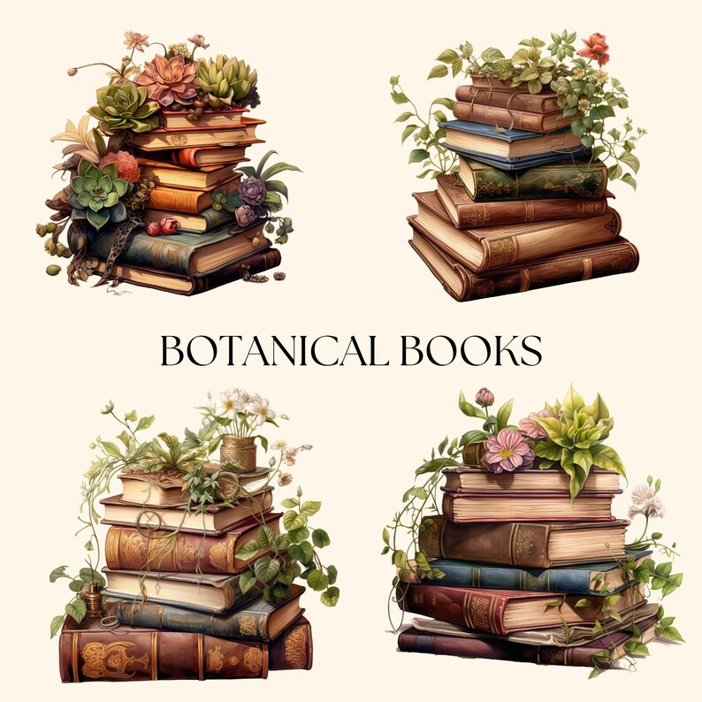 Botanical Books Clip Art Pack, Library Clipart, Plants Reading Graphics ...