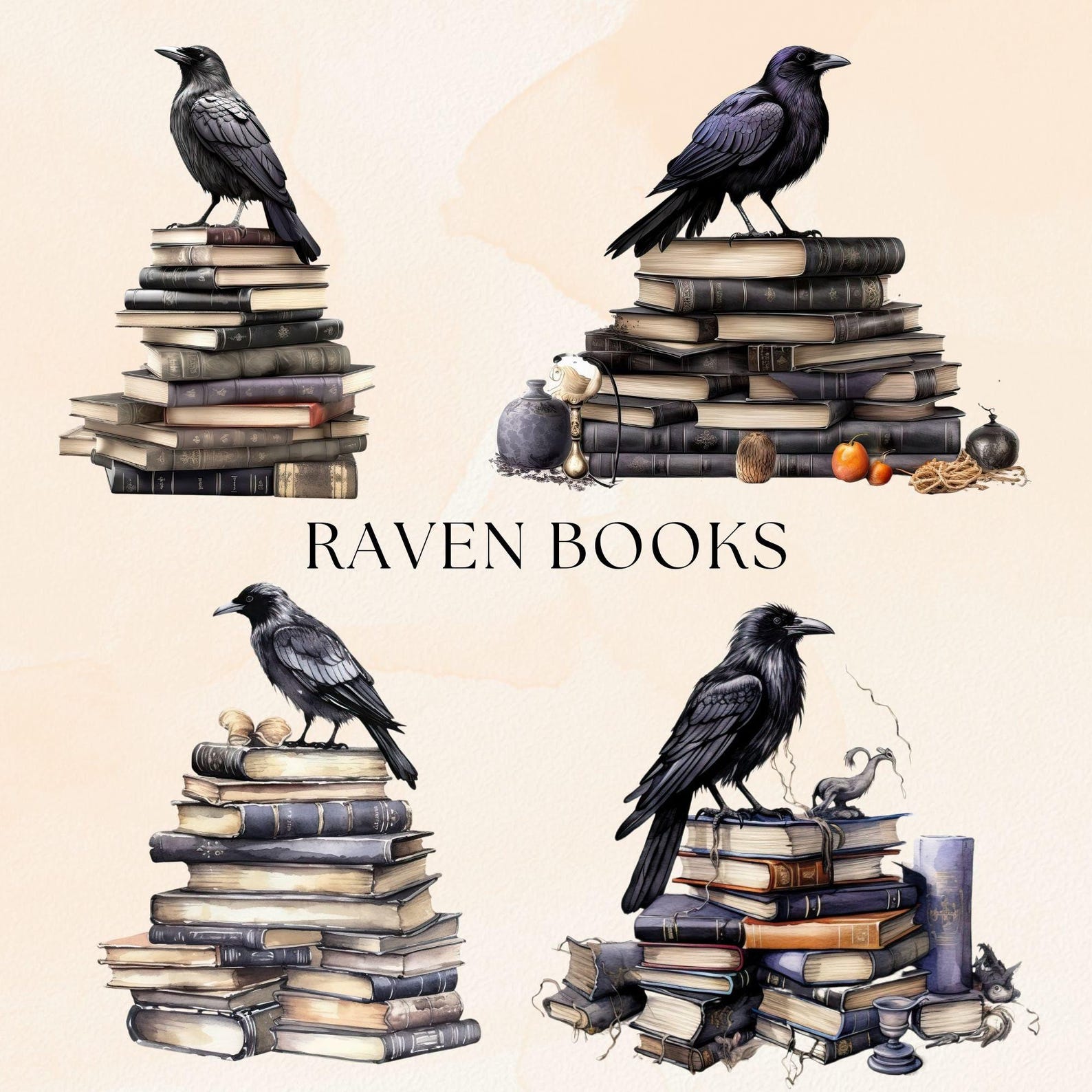 Gothic Book Stack Clipart Bundle, Transparent PNG, Raven Bookpile Clip ...