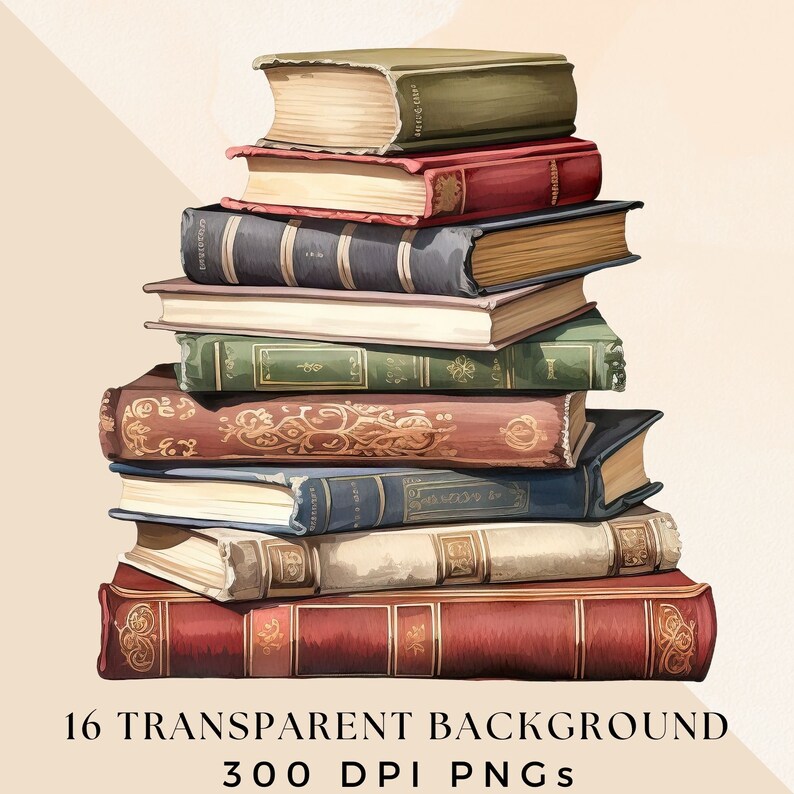 Vintage Books Clip Art Pack, Library Clipart, Book Pile Reading ...