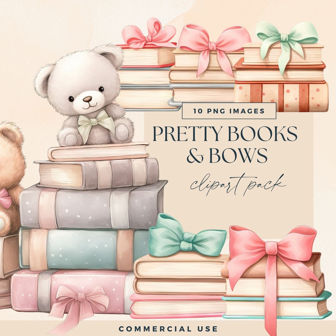 Pretty Bow and Books Baby Shower Clipart Pack, Pile of Books for Baby ...