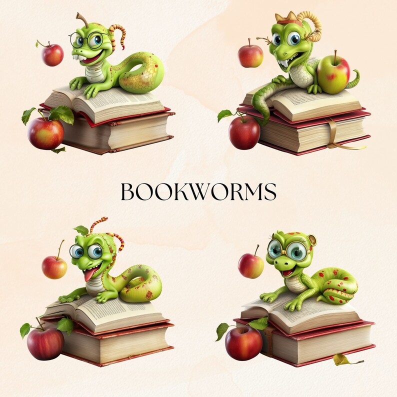 Bookworm Clip Art Pack, Reading Clipart Bundle, Books Reading Graphics ...