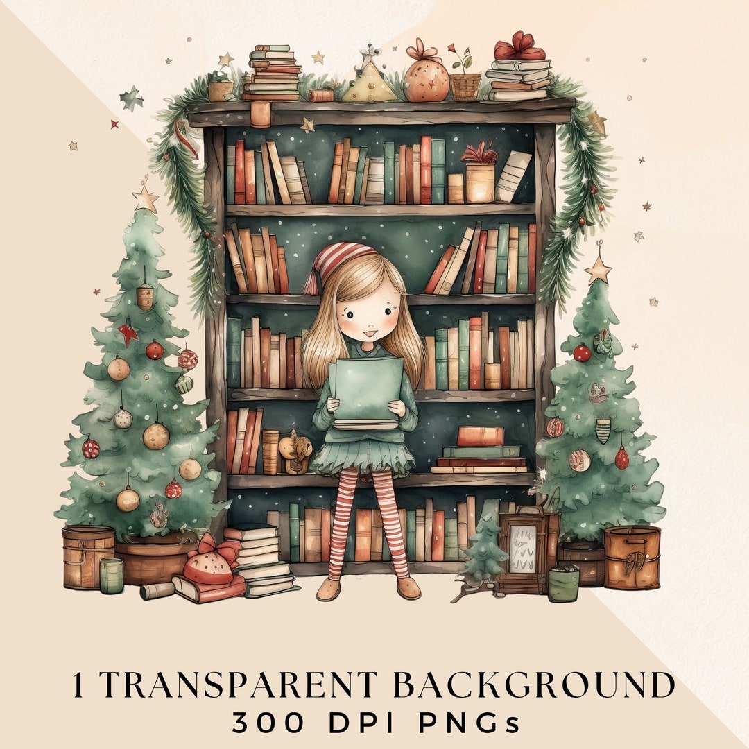 Christmas Bookshelf Clipart Xmas Reading Books Clip Art - Etsy