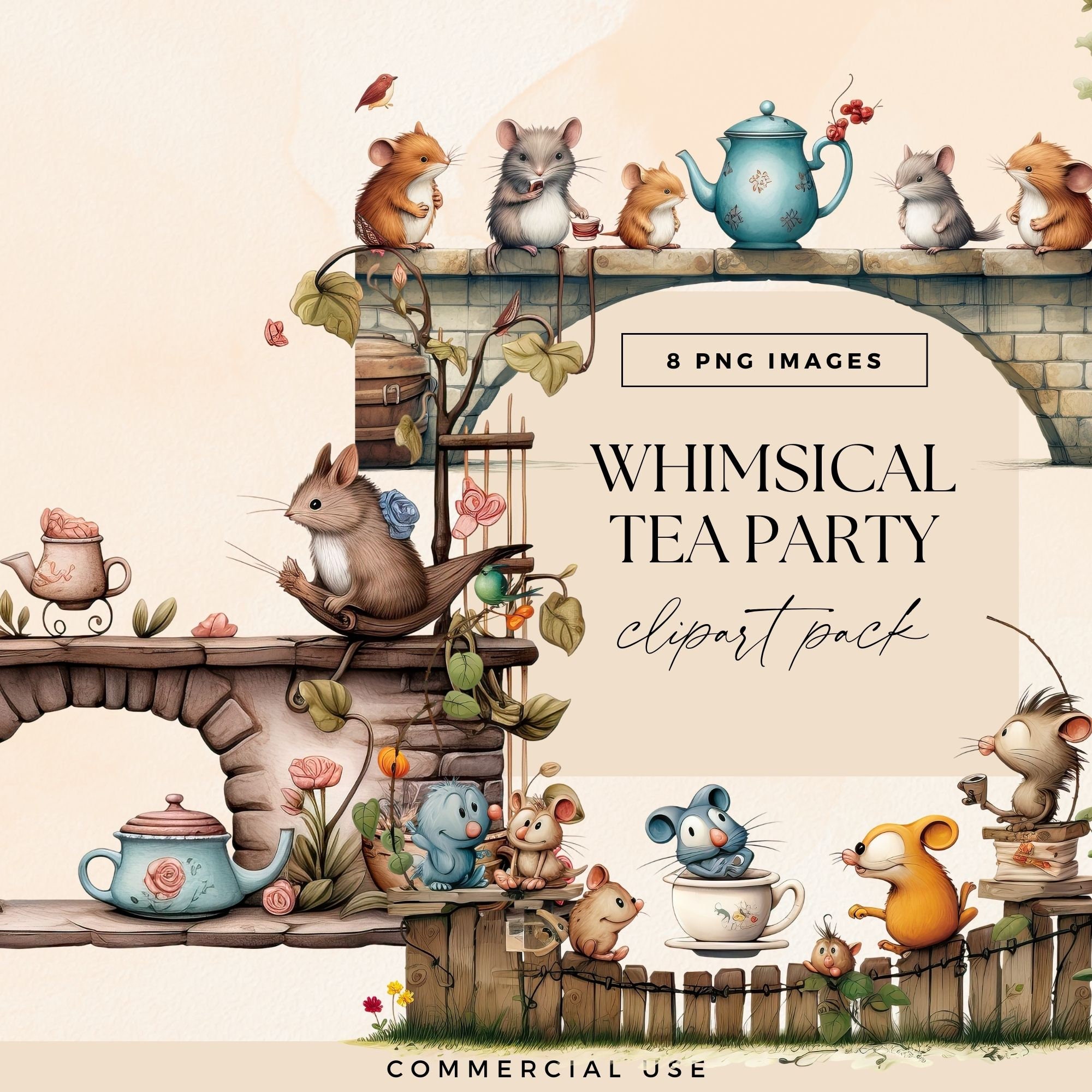 Animal Tea Party Clipart Bundle, Transparent PNG, Quirky Mice Art ...