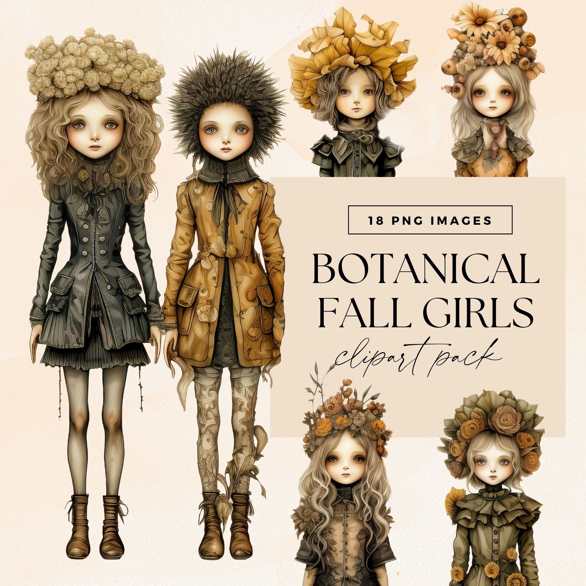 Botanical Fall Girls Clip Art Clipart Pack, Autumn CU Characters ...