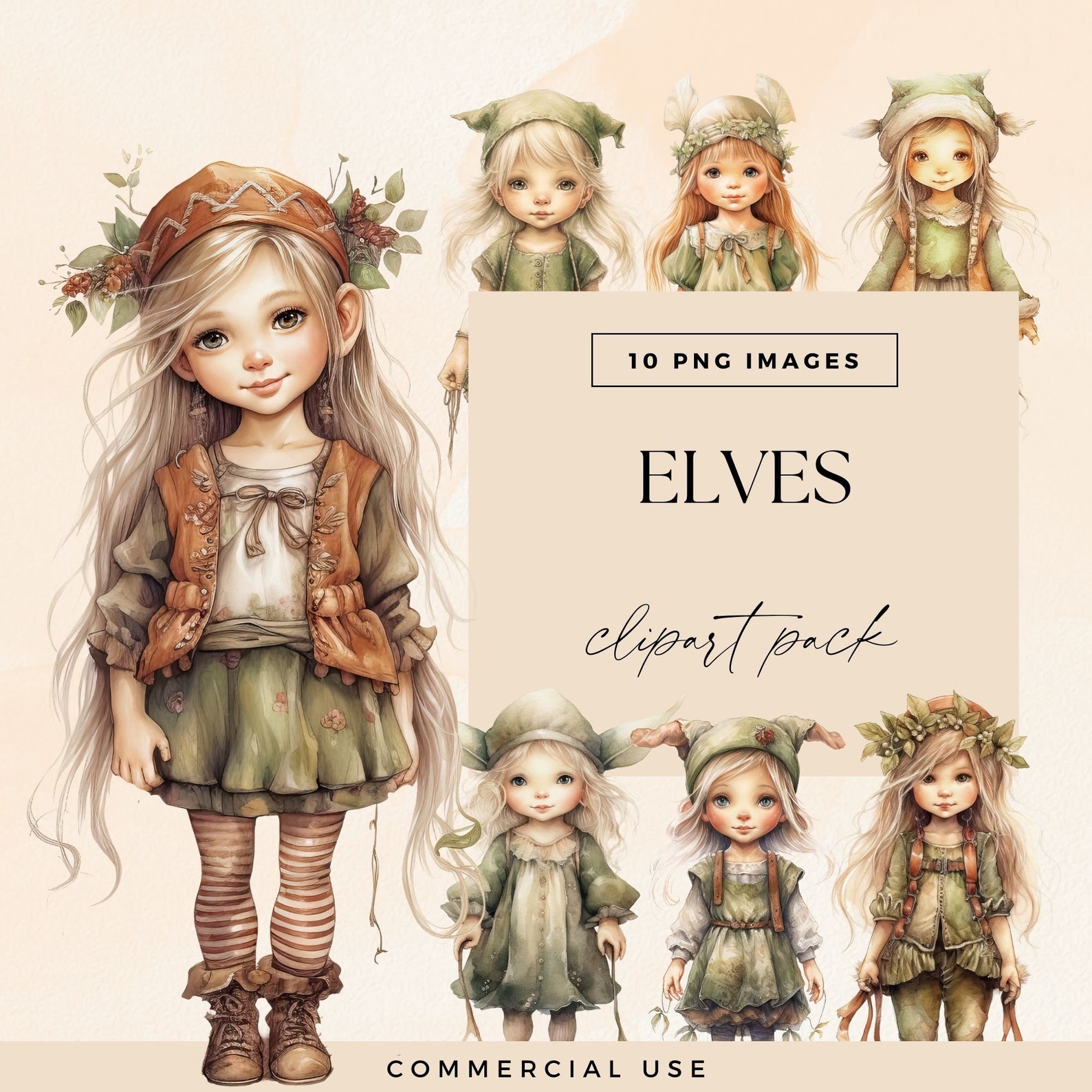 Elves Watercolour Clipart, Elf Girls Clip Art Pack, Vintage PNG, Cute ...