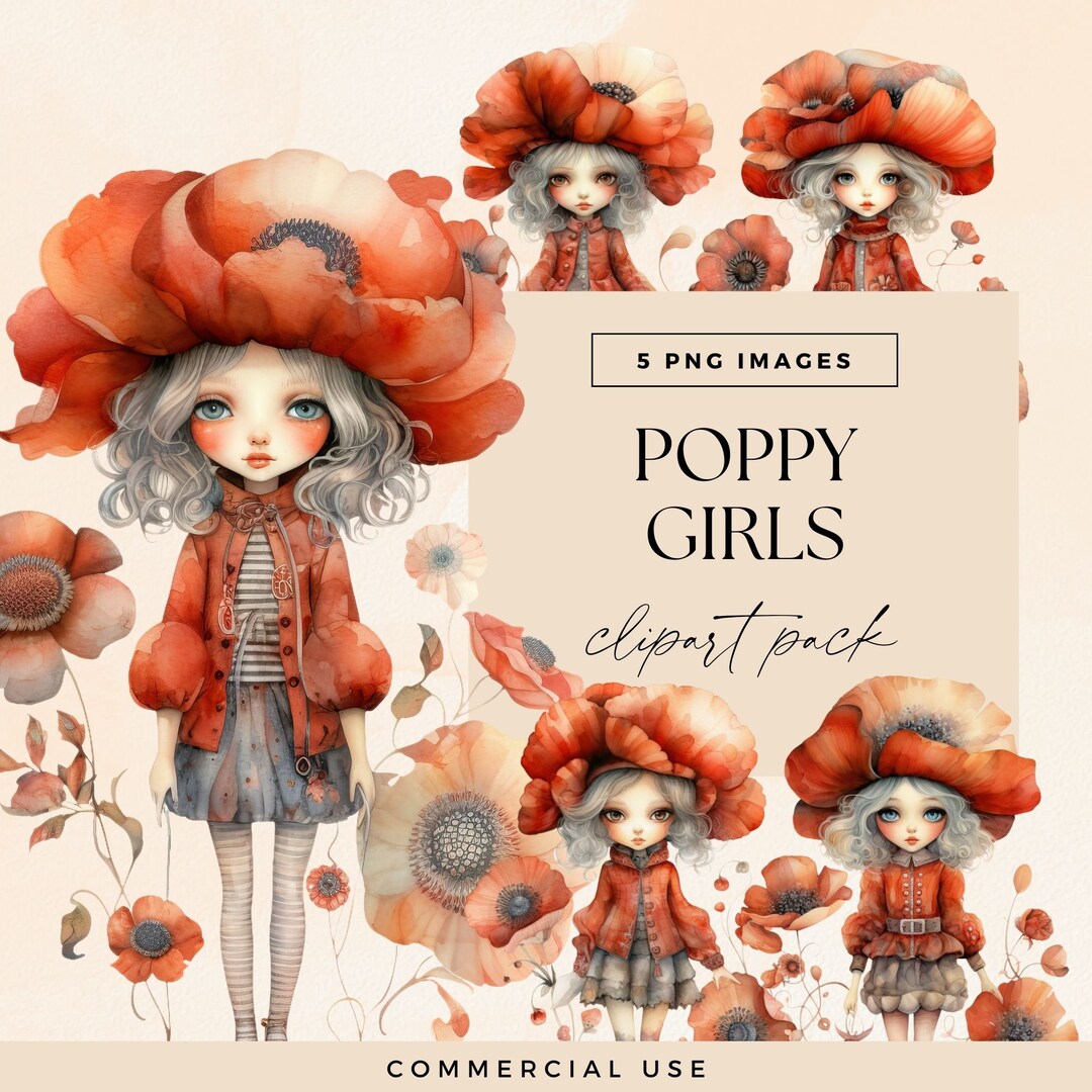 Poppy Girl Clipart Pack, Watercolor Invitation Clip Art, Cute Garden ...
