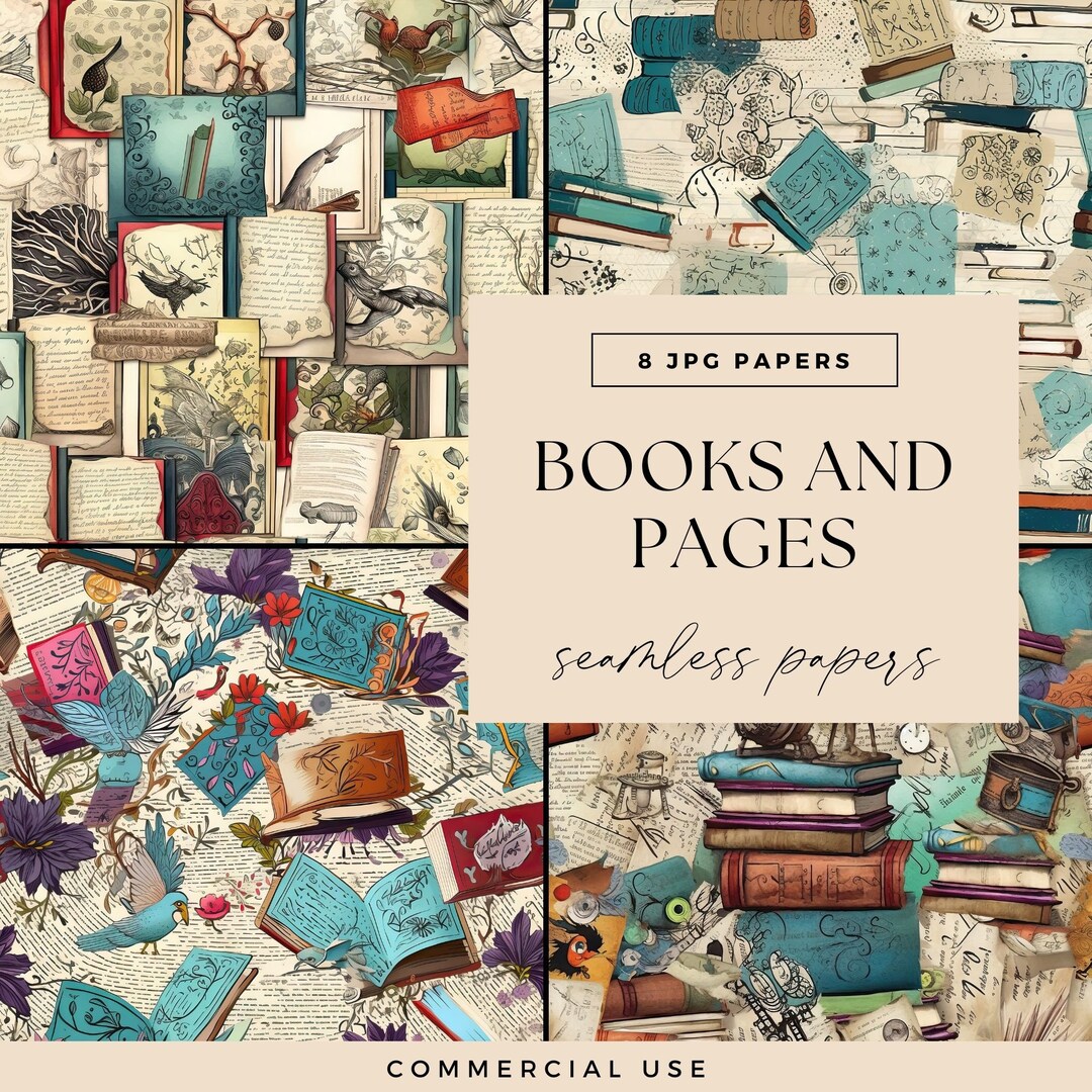 Books and Papers Seamless Pattern, JPG DOWNLOAD, Library Pages, Scrap ...