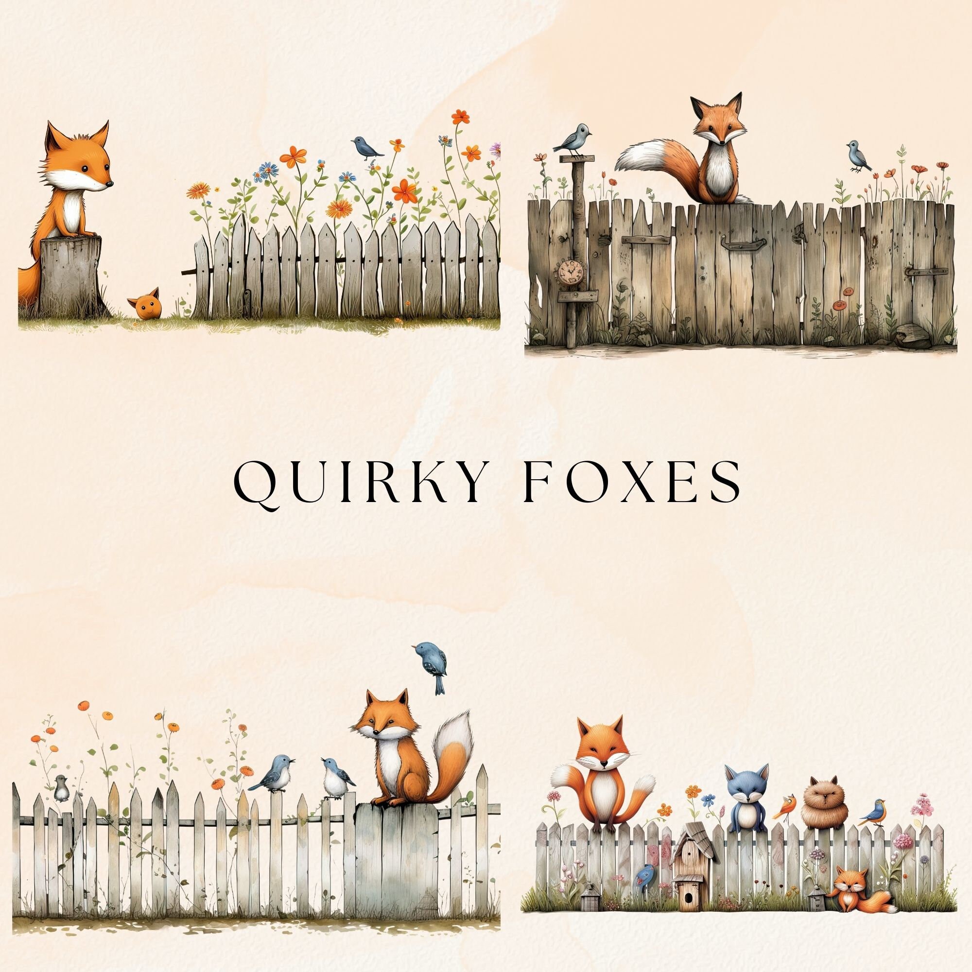 Whimsical Fox Clipart Bundle, Transparent PNG, Quirky Art, Cute Animals ...