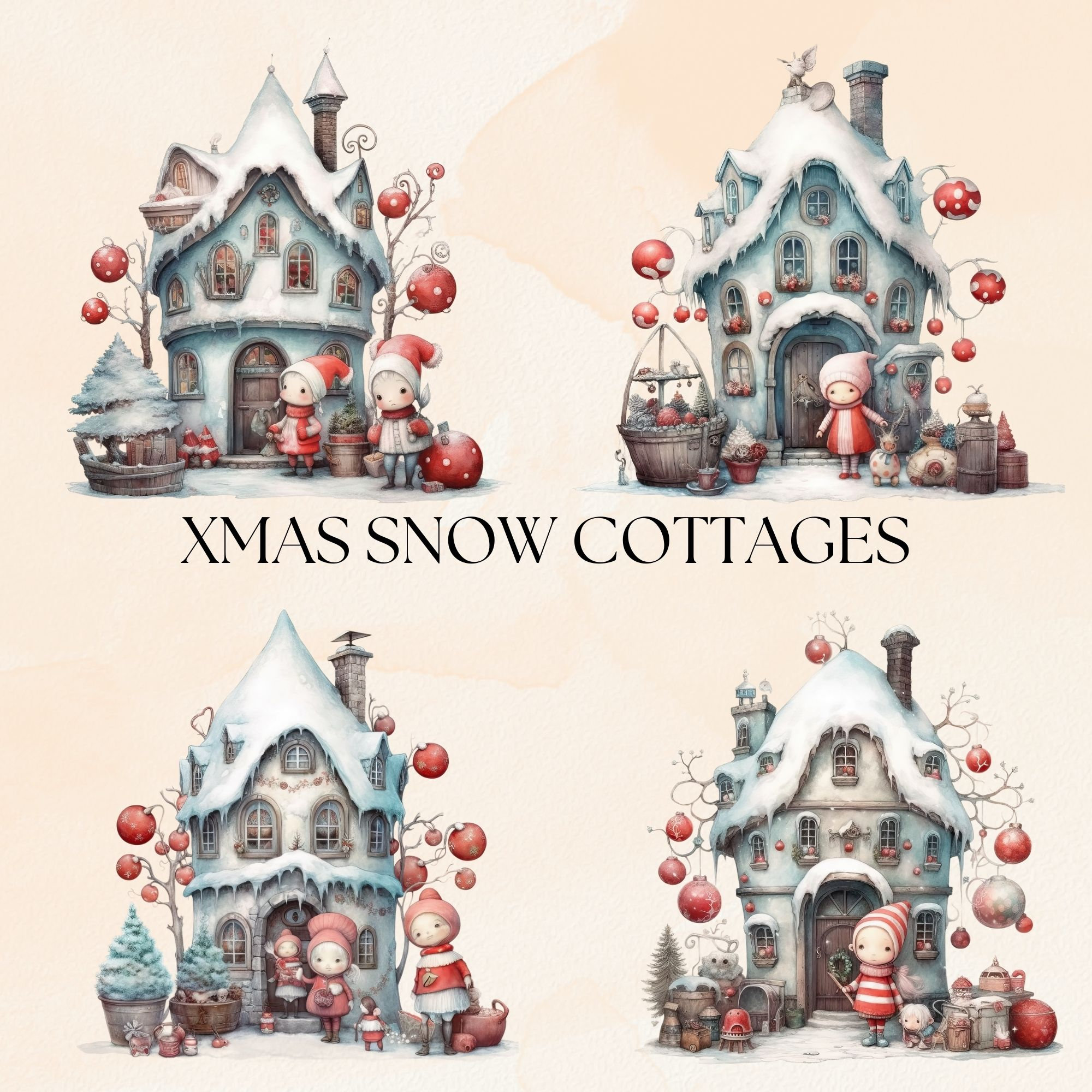 Christmas Cottage Clipart, Winter House Clip Art, White Xmas Ornaments ...