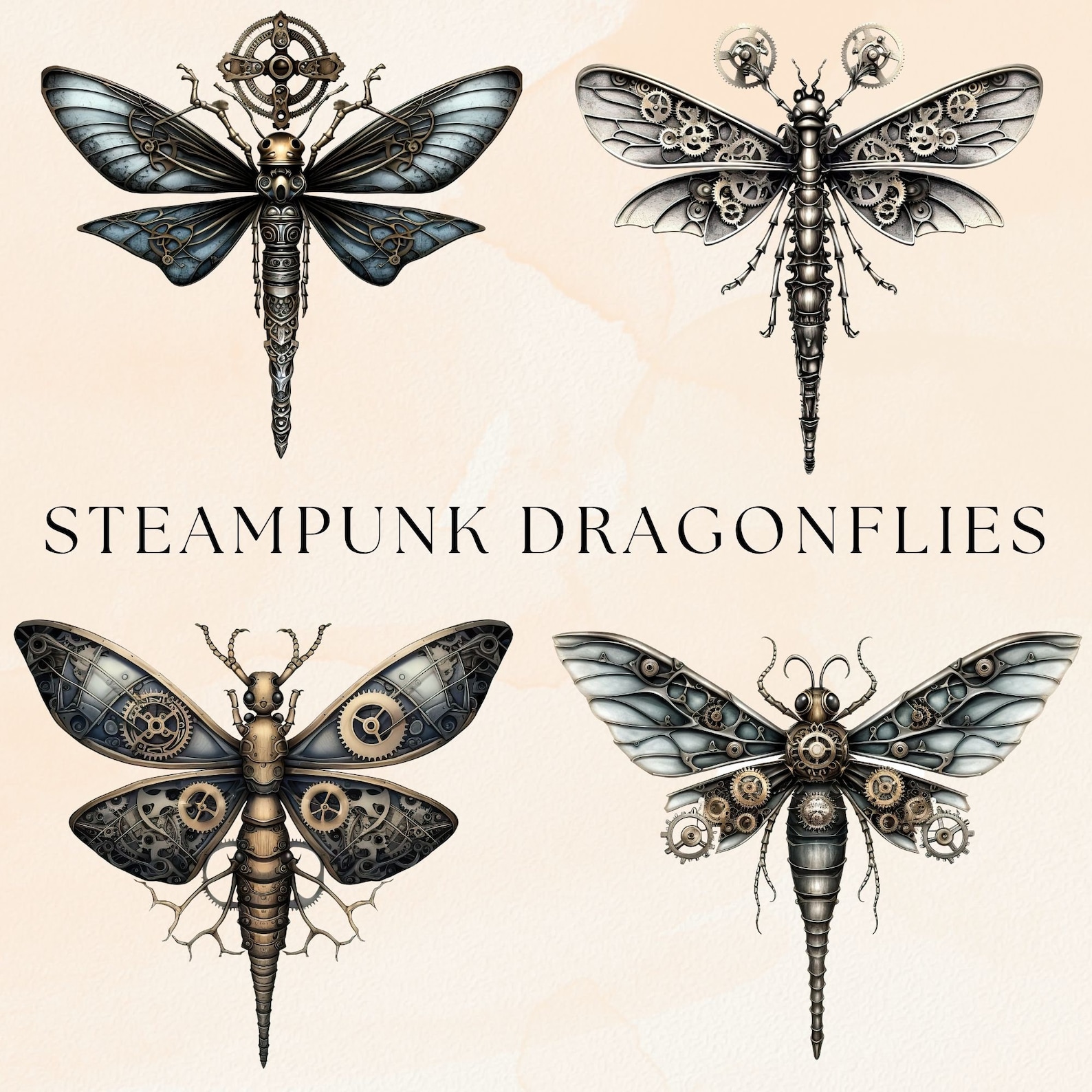 Steampunk Dragonflies Clipart Kit, Transparent PNG, Junk Journal ...