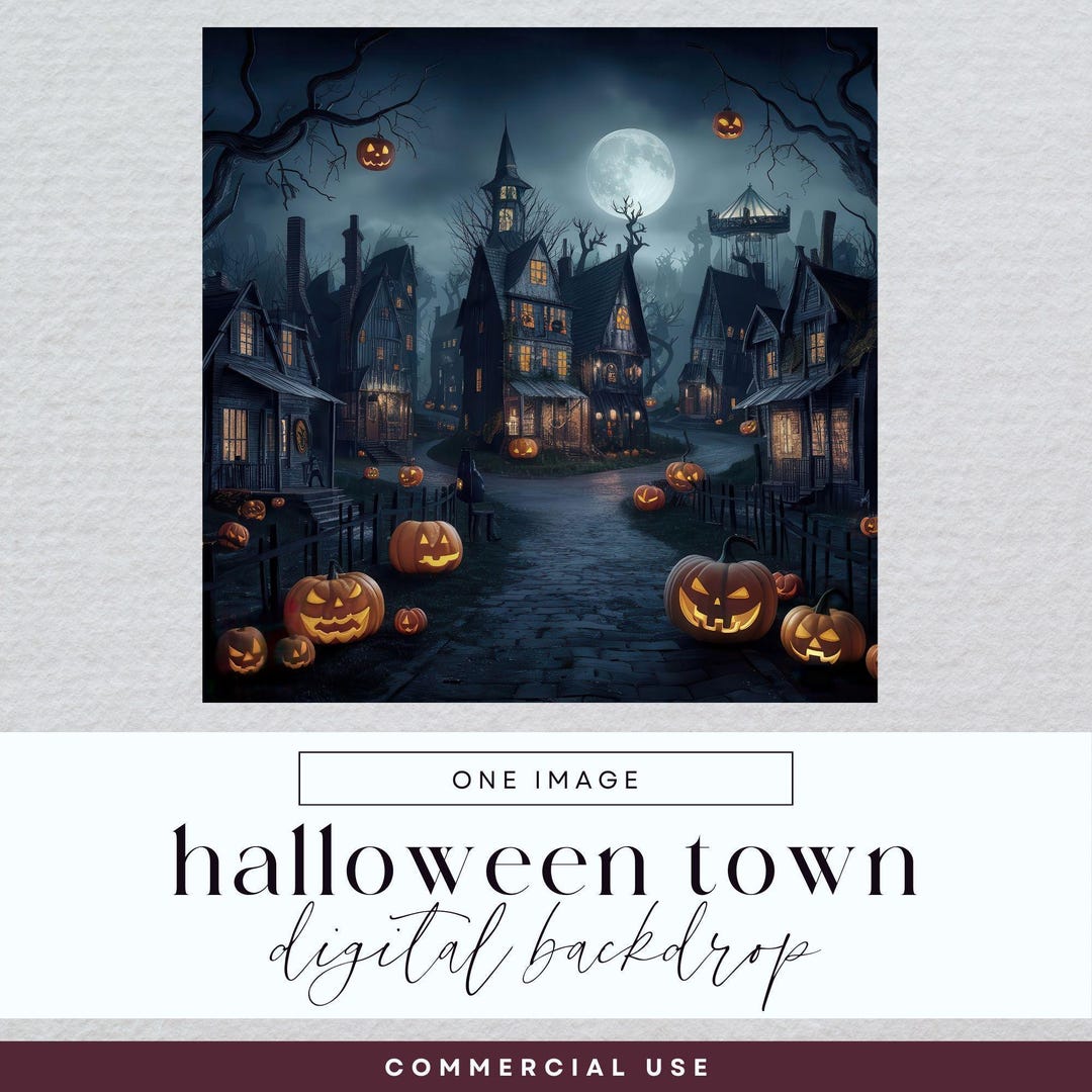 Halloween Village Backdrop, Haunted House Scene, Halloween Pumpkins ...