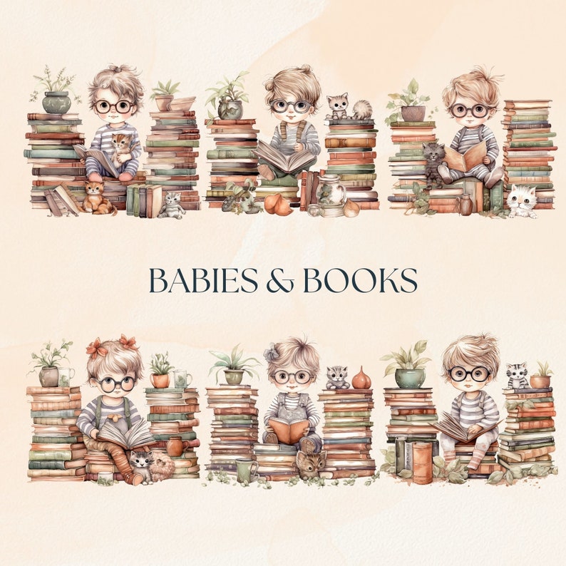 Books and Baby Clipart Pack, Child Reading Clip Art, Bookworm Graphics ...